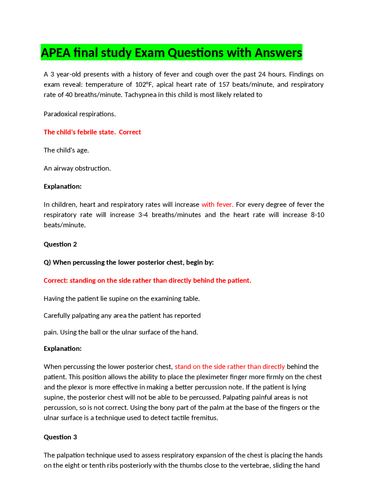 APEA final study Exam Questions with Answers | Exams Nursing | Docsity