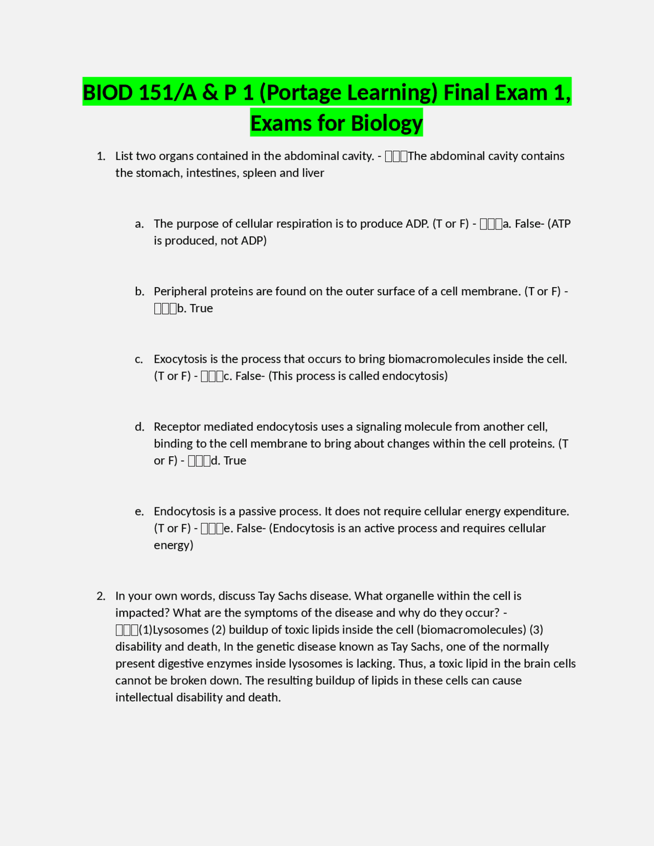 BIOD 151/A & P 1 (Portage Learning) Final Exam 1, Exams for Biology ...