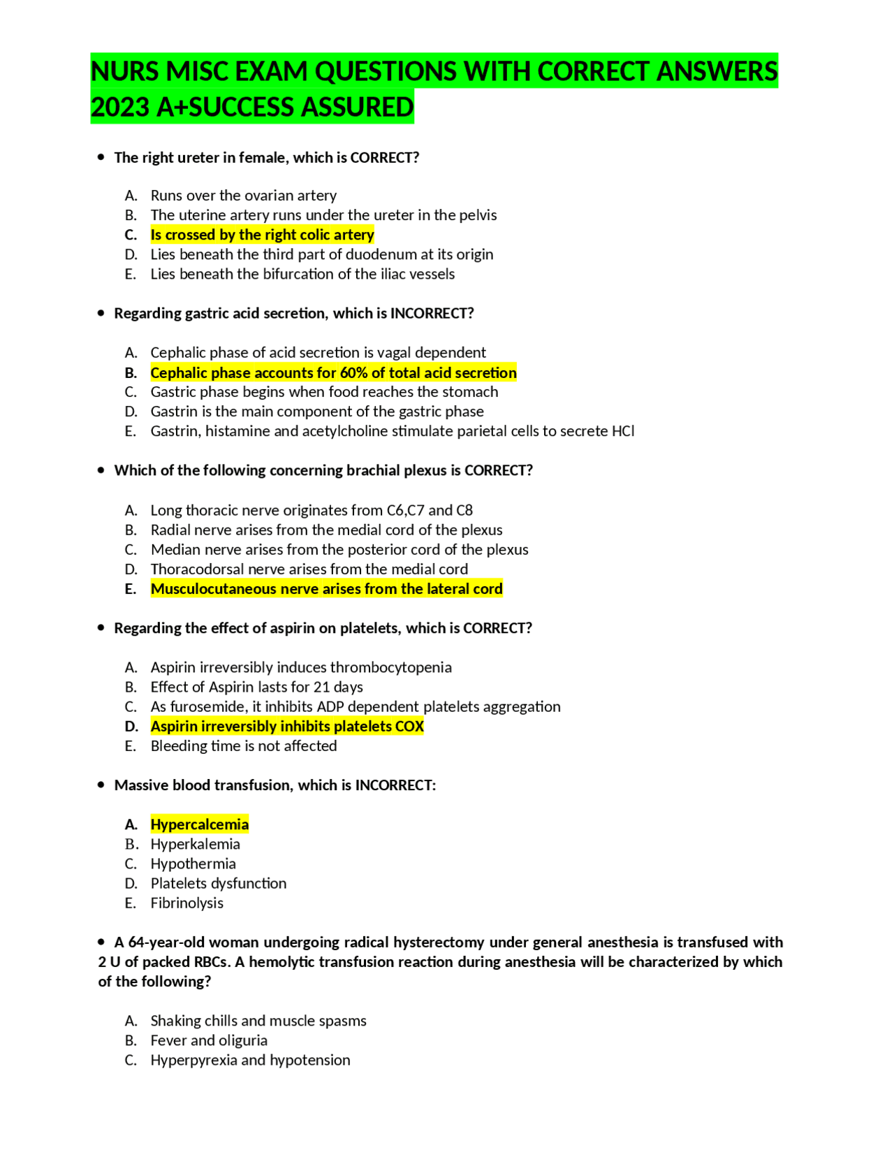 Nurs Misc Exam Questions With Correct Answers 2023 Asuccess Assured