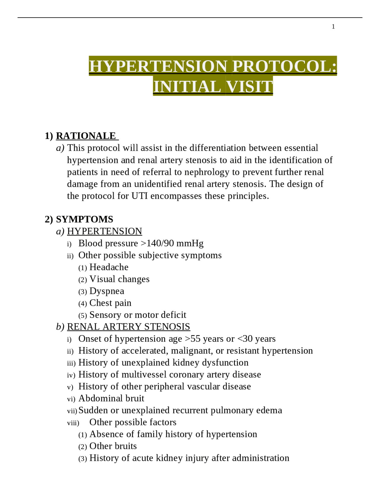 HYPERTENSION PROTOCOL: INITIAL VISIT | Study Guides, Projects, Research ...