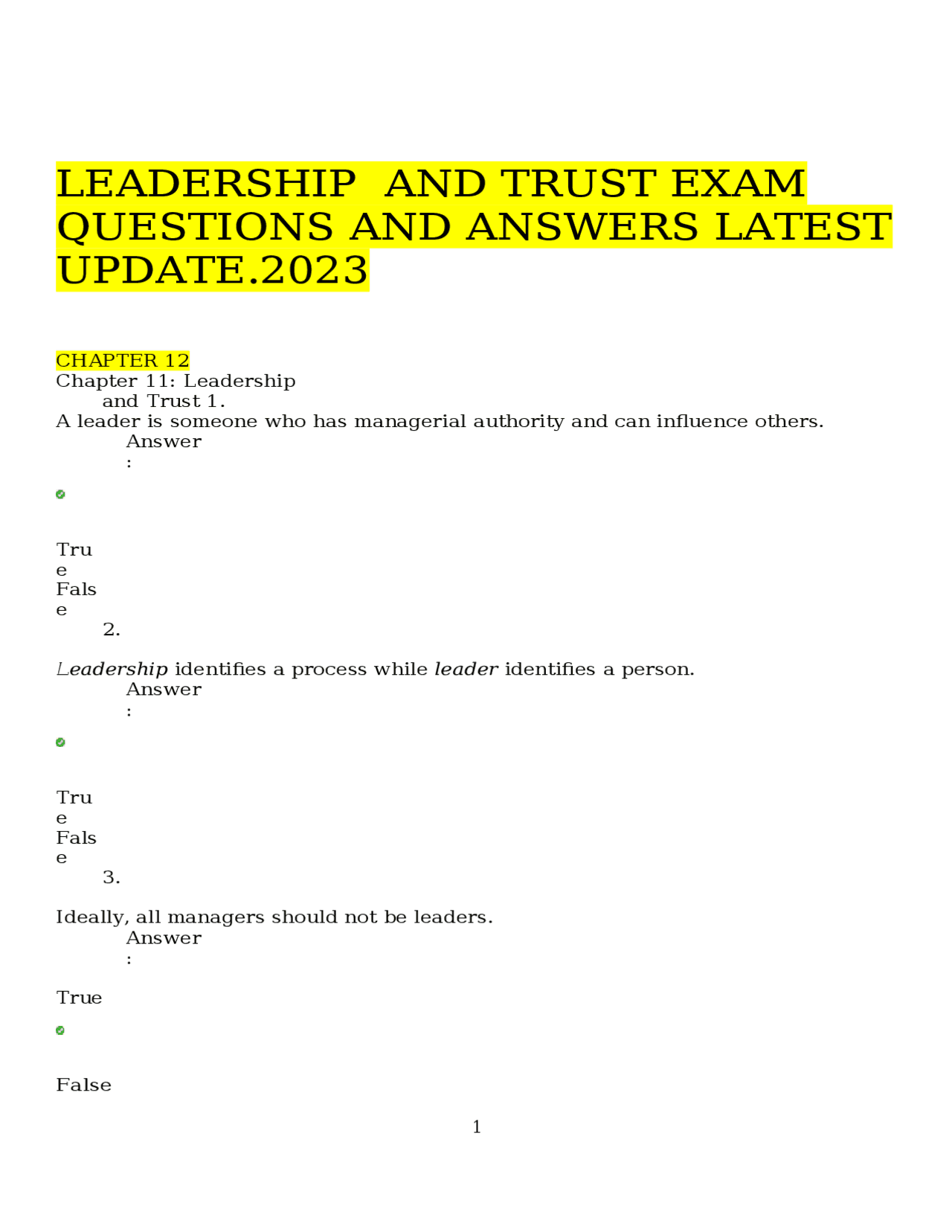 Leadership and Trust Exam Questions and Answers | Exams Humanities ...