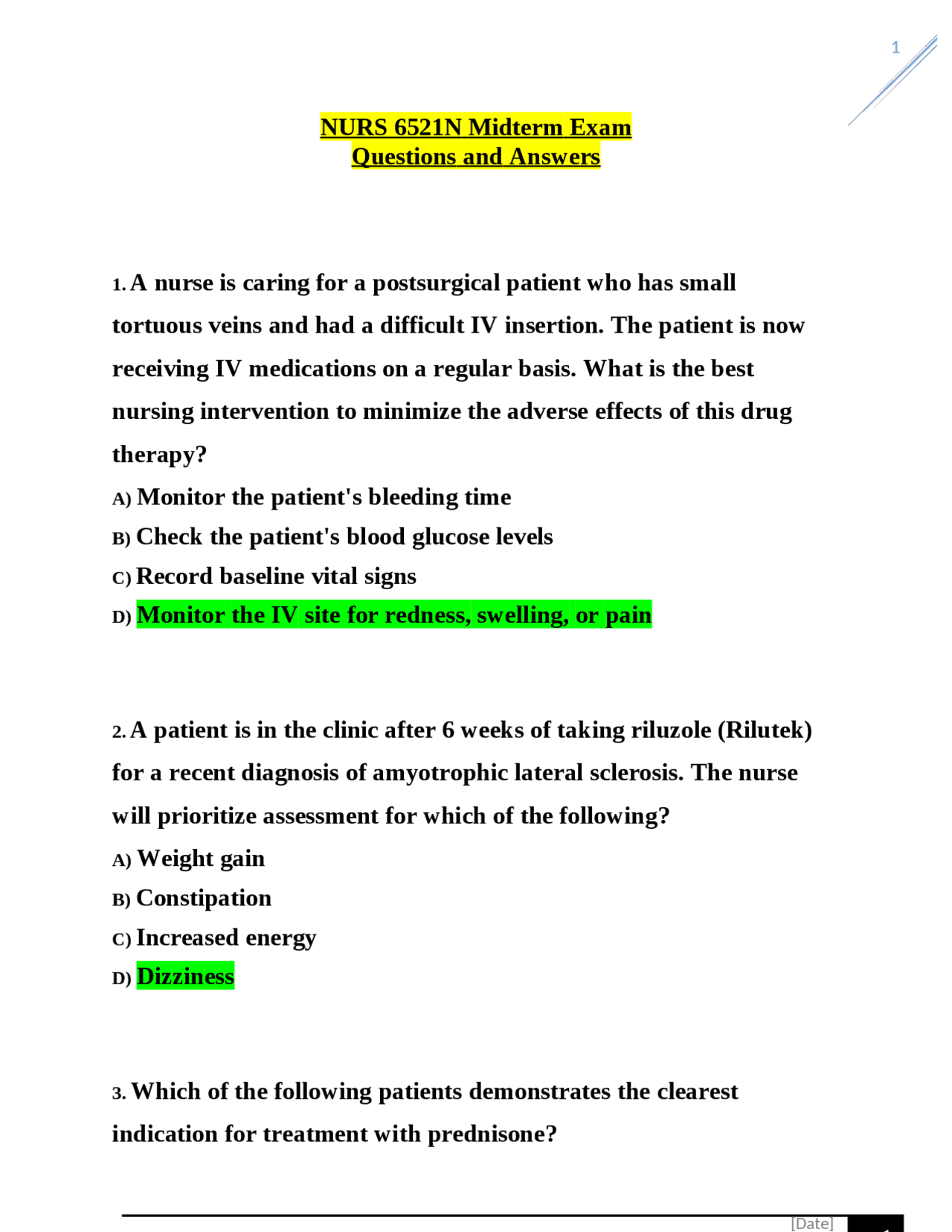 Nurs 6521n Midterm Exam Questions And Answers Exams Nursing Docsity
