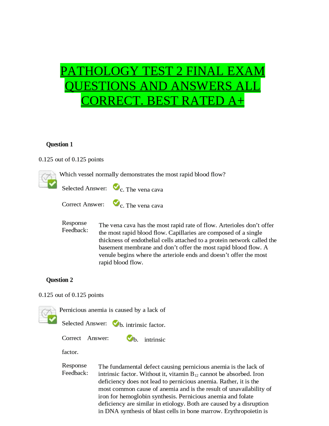 PATHOLOGY TEST 2 FINAL EXAM QUESTIONS AND ANSWERS ALL CORRECT. BEST ...
