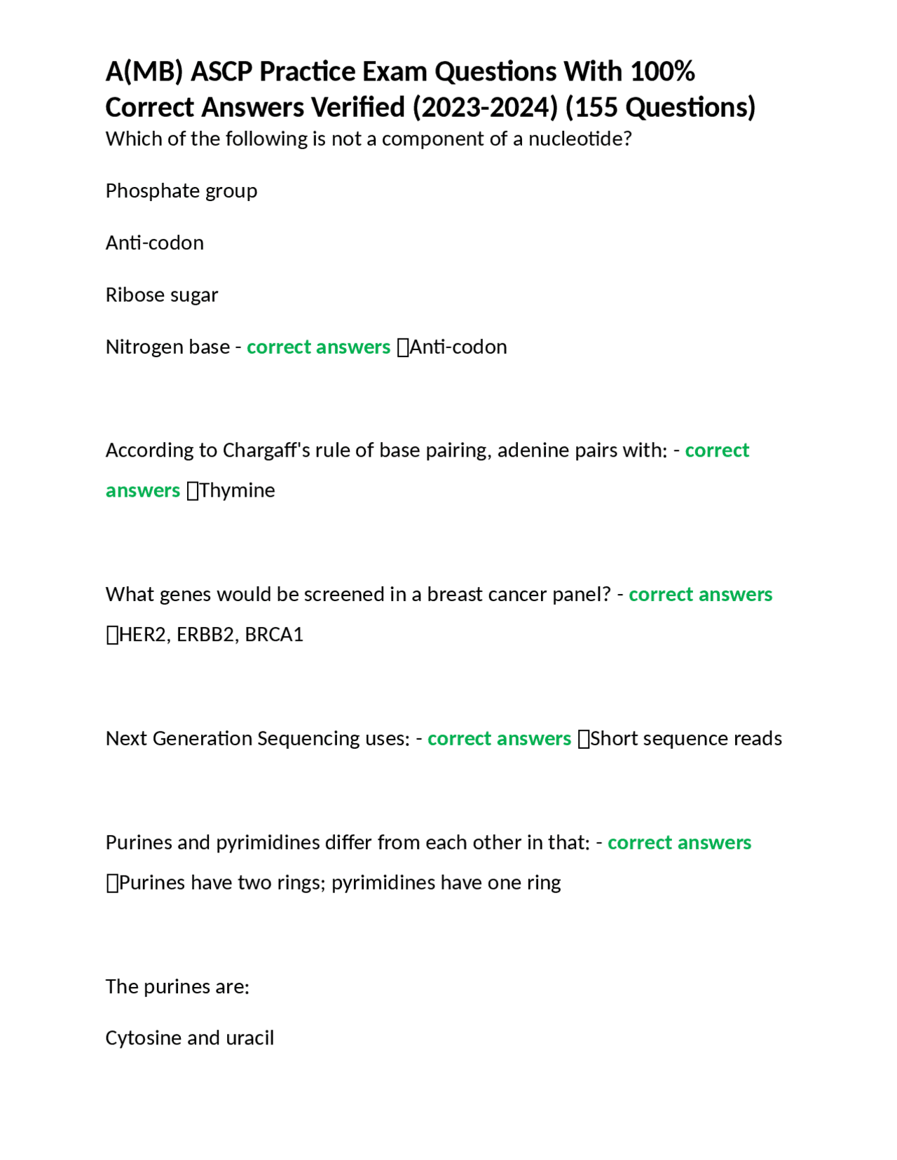 (MB) ASCP Practice Exam Questions With 100% Correct Answers Verified ...