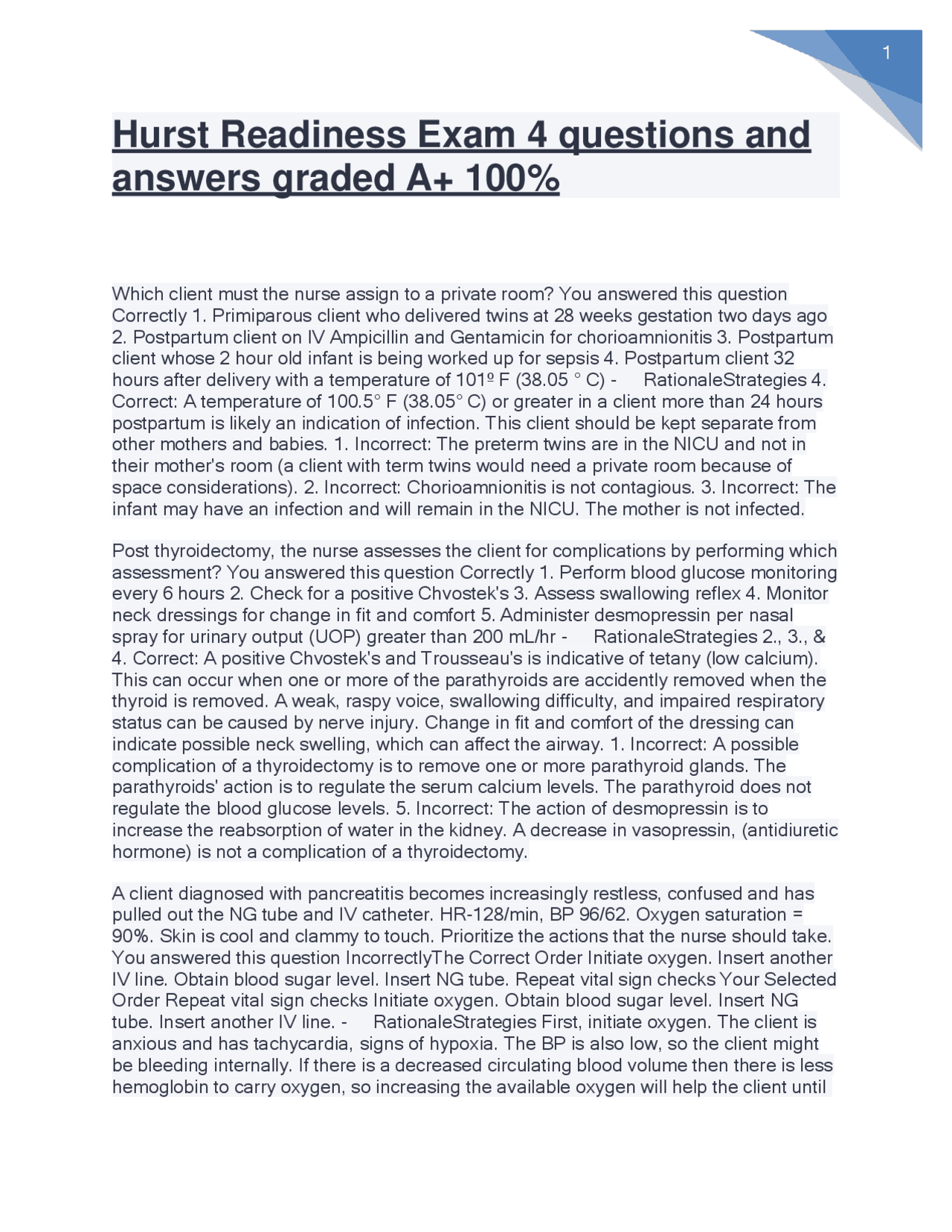 Hurst Readiness Exam 4 questions and answers graded A+ 100% | Exams ...