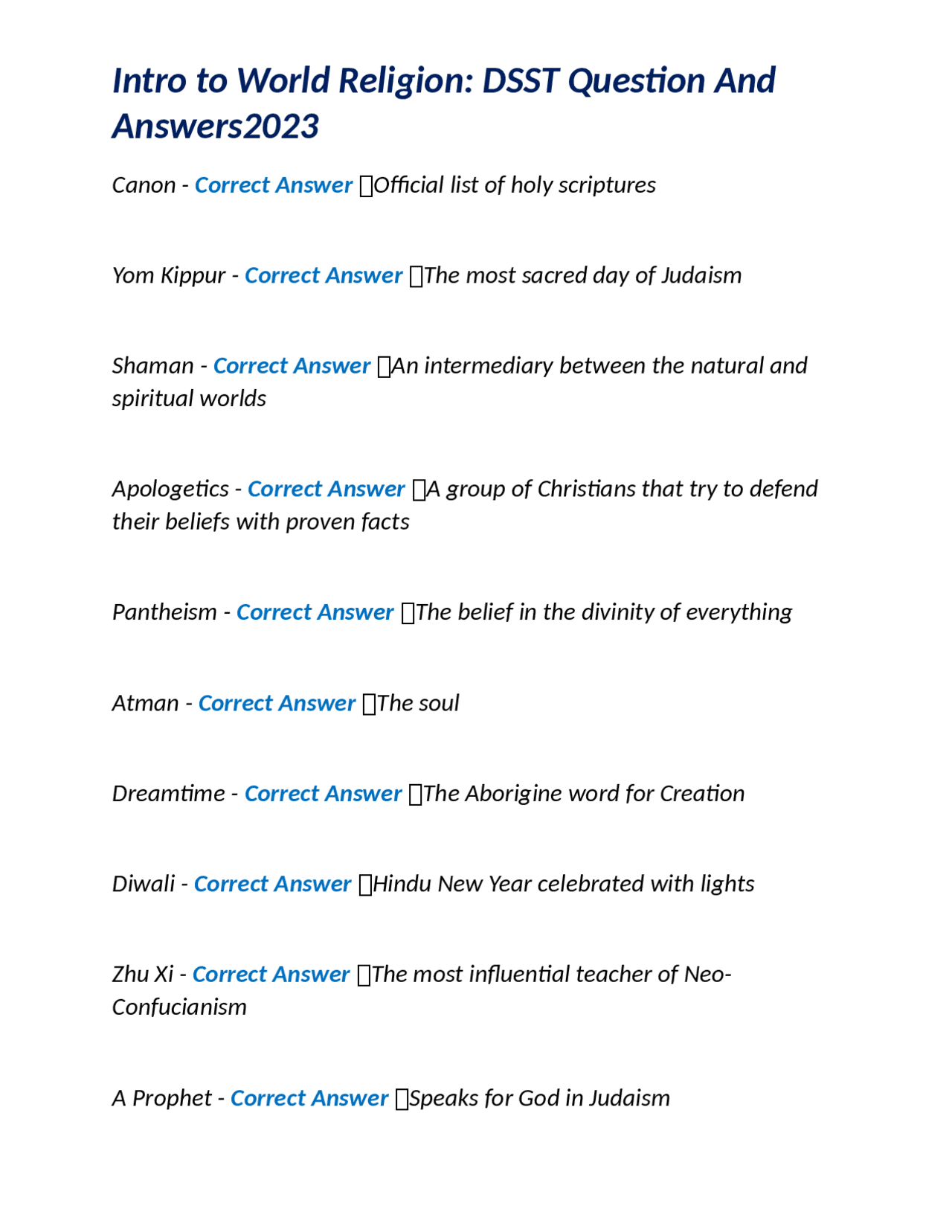 Intro To World Religion Dsst Question And Answers2023 Exams Nursing