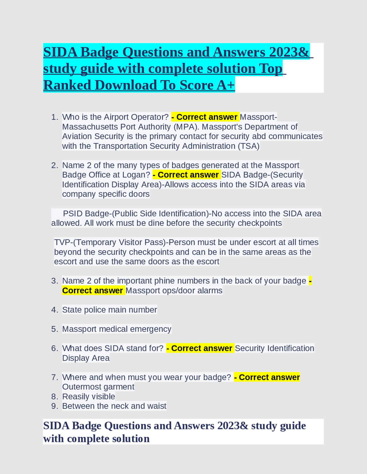 SIDA Badge Questions and Answers 2023& study guide with complete ...