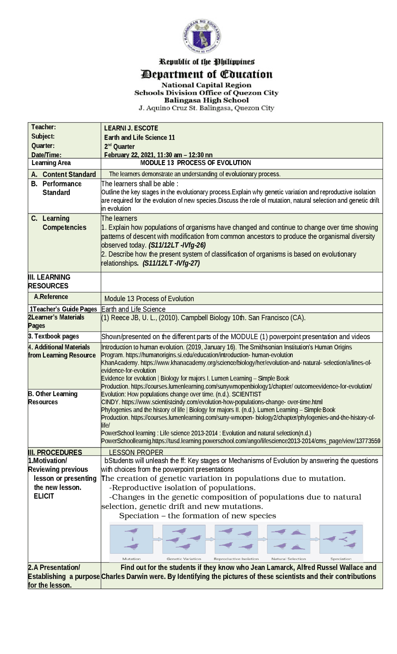 Lesson Plan In Elses Summaries Environmental Science Docsity
