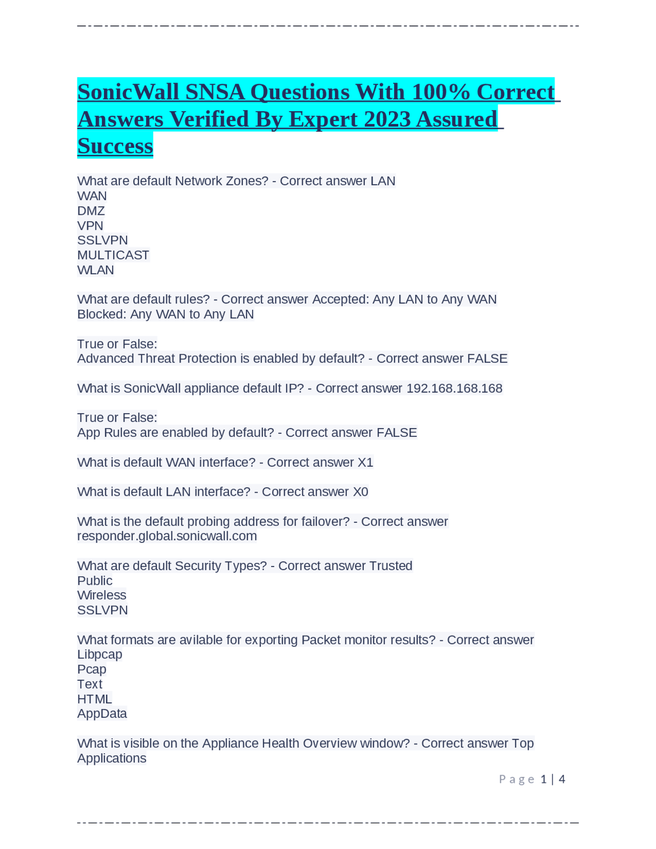 SonicWall SNSA Questions With 100% Correct Answers Verified By Expert 2023 Assured Success ...
