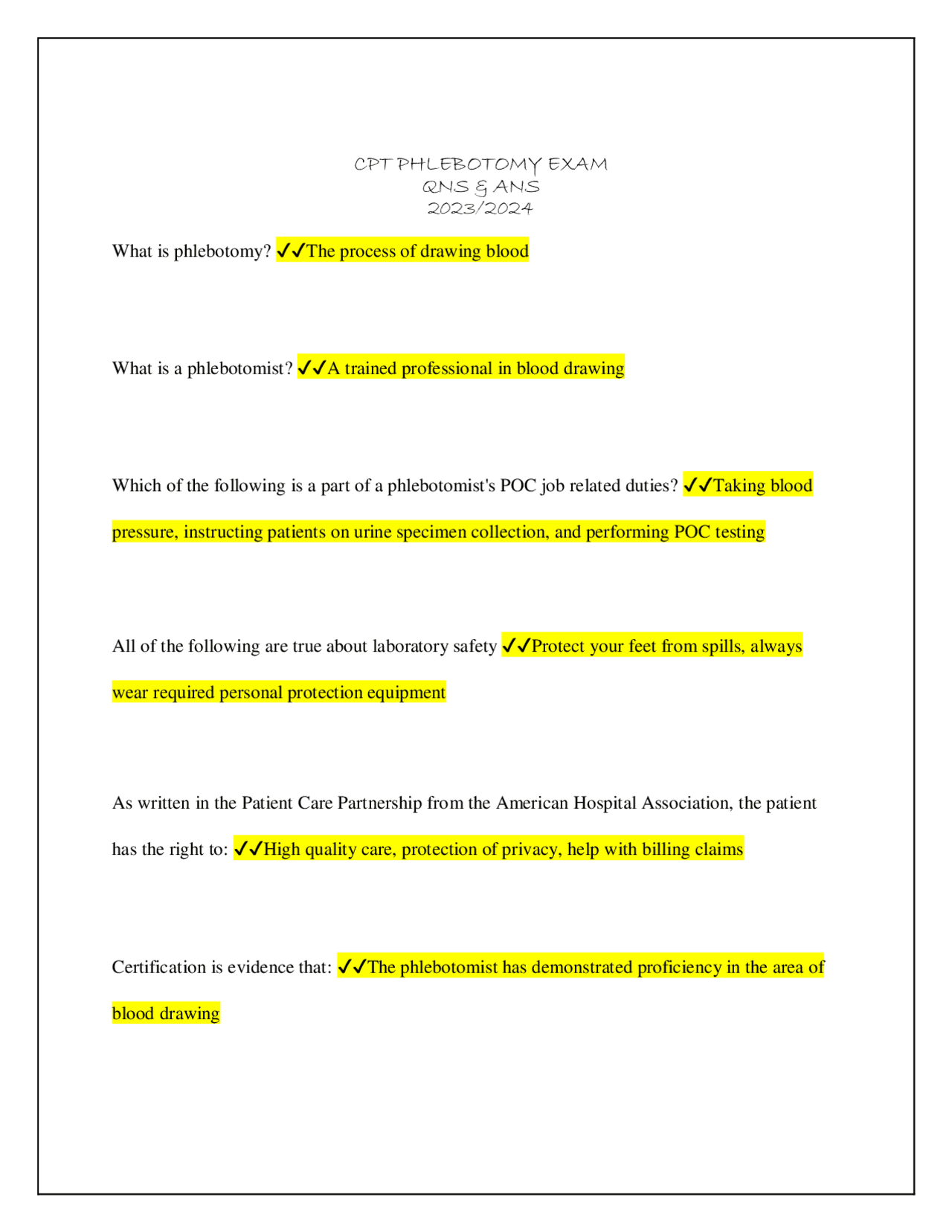 CPT PHLEBOTOMY EXAM QNS & ANS 20232024 | Exams Nursing | Docsity