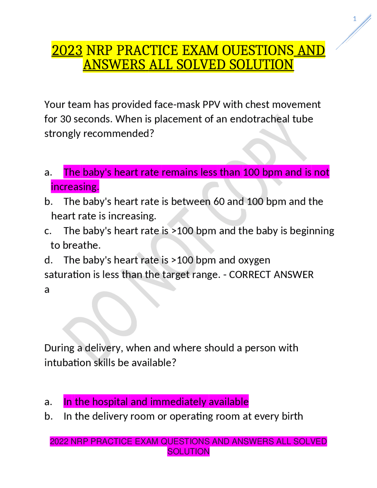 2023 Nrp Practice Exam Questions And Answers All Solved Solution