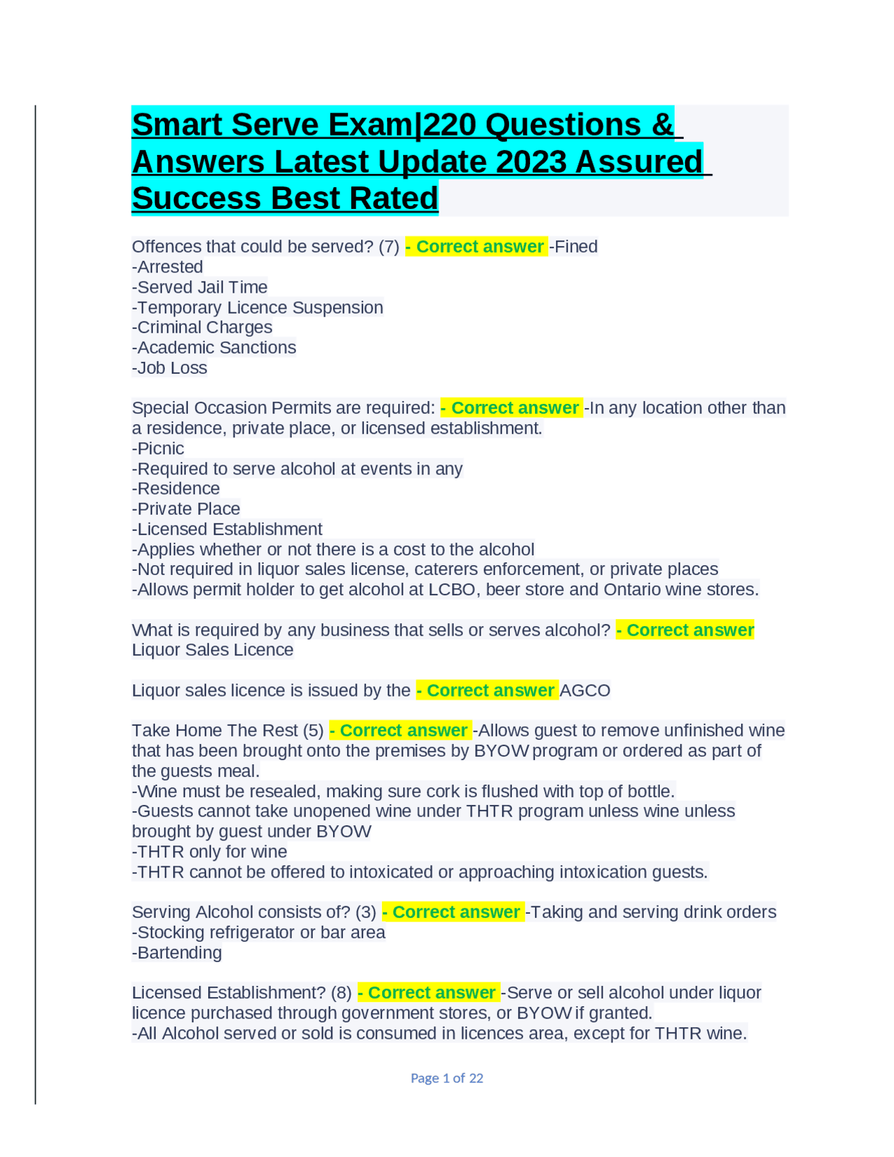 Smart Serve Exam220 Questions And Answers Latest Update 2023 Assured