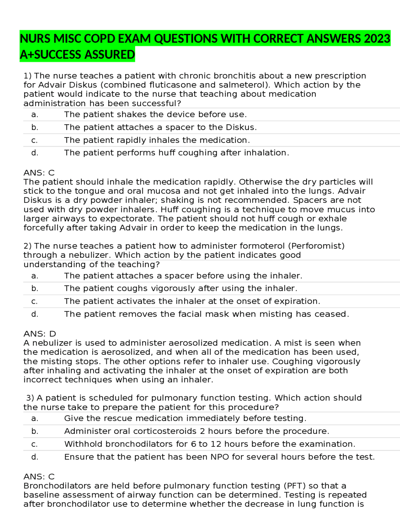 NURS MISC COPD Exam Questions with Correct Answers | Exams Nursing ...