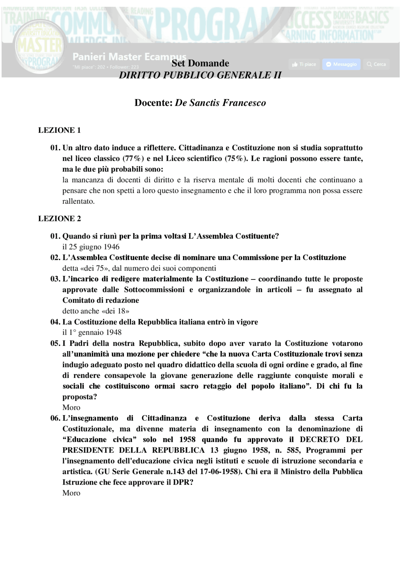 PANIERE A46 - DIRITTO PUBBLICO GENERALE II - Docente: De Sanctis ...