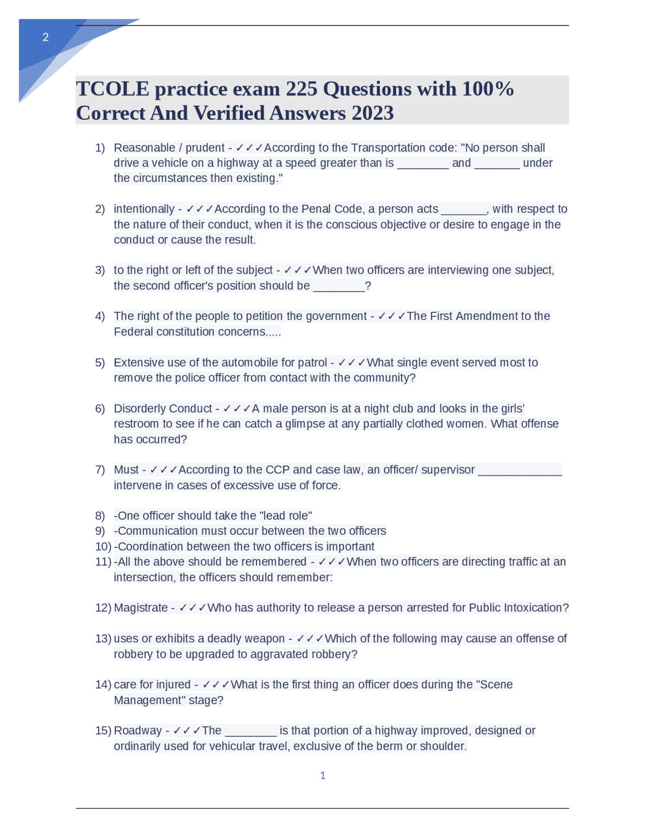 TCOLE practice exam 225 Questions with 100% Correct And Verified ...