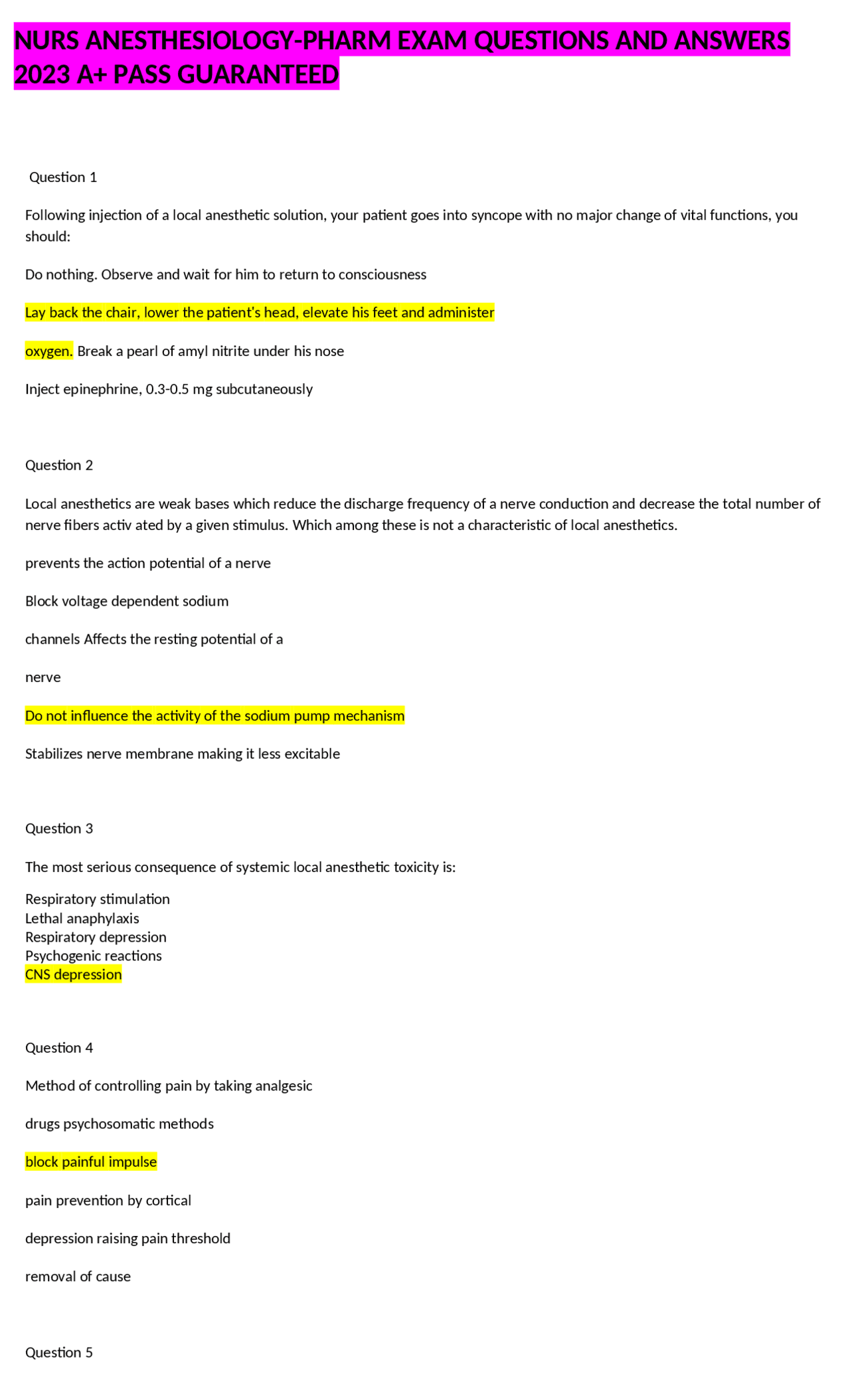 NURS ANESTHESIOLOGY-PHARM EXAM QUESTIONS AND ANSWERS 2023 A+ PASS ...
