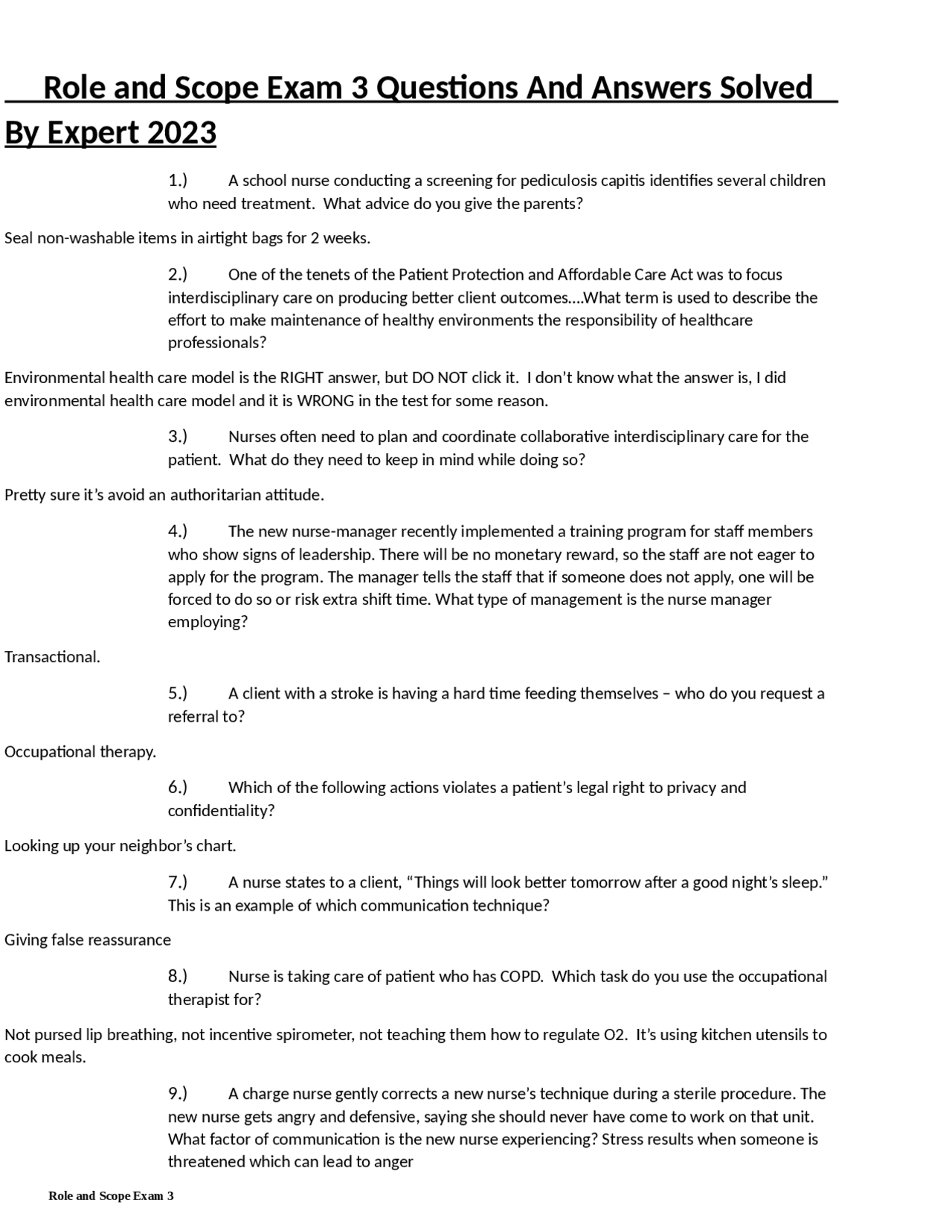 Role And Scope Exam 3 Questions And Answers Solved By Expert 2023
