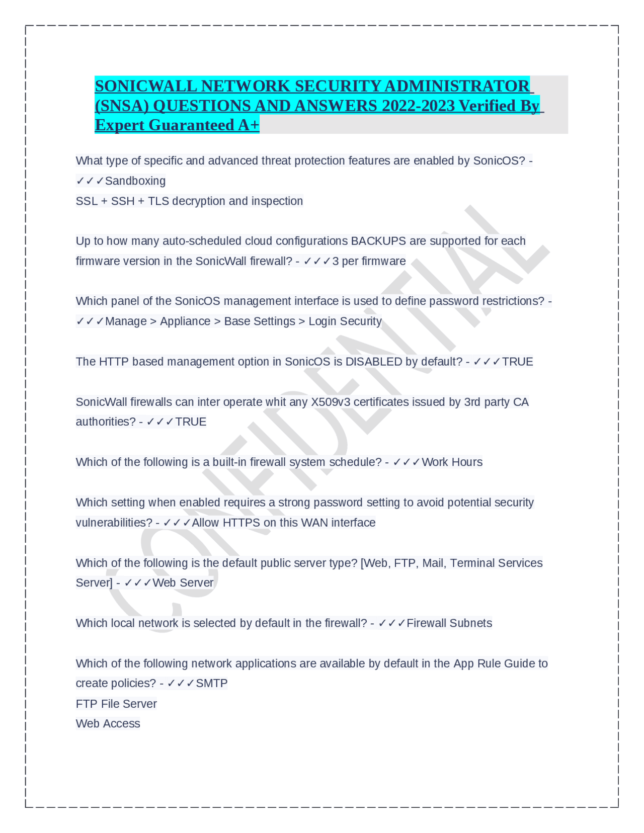 SONICWALL NETWORK SECURITY ADMINISTRATOR (SNSA) QUESTIONS AND ANSWERS 2022-2023 Verified B ...