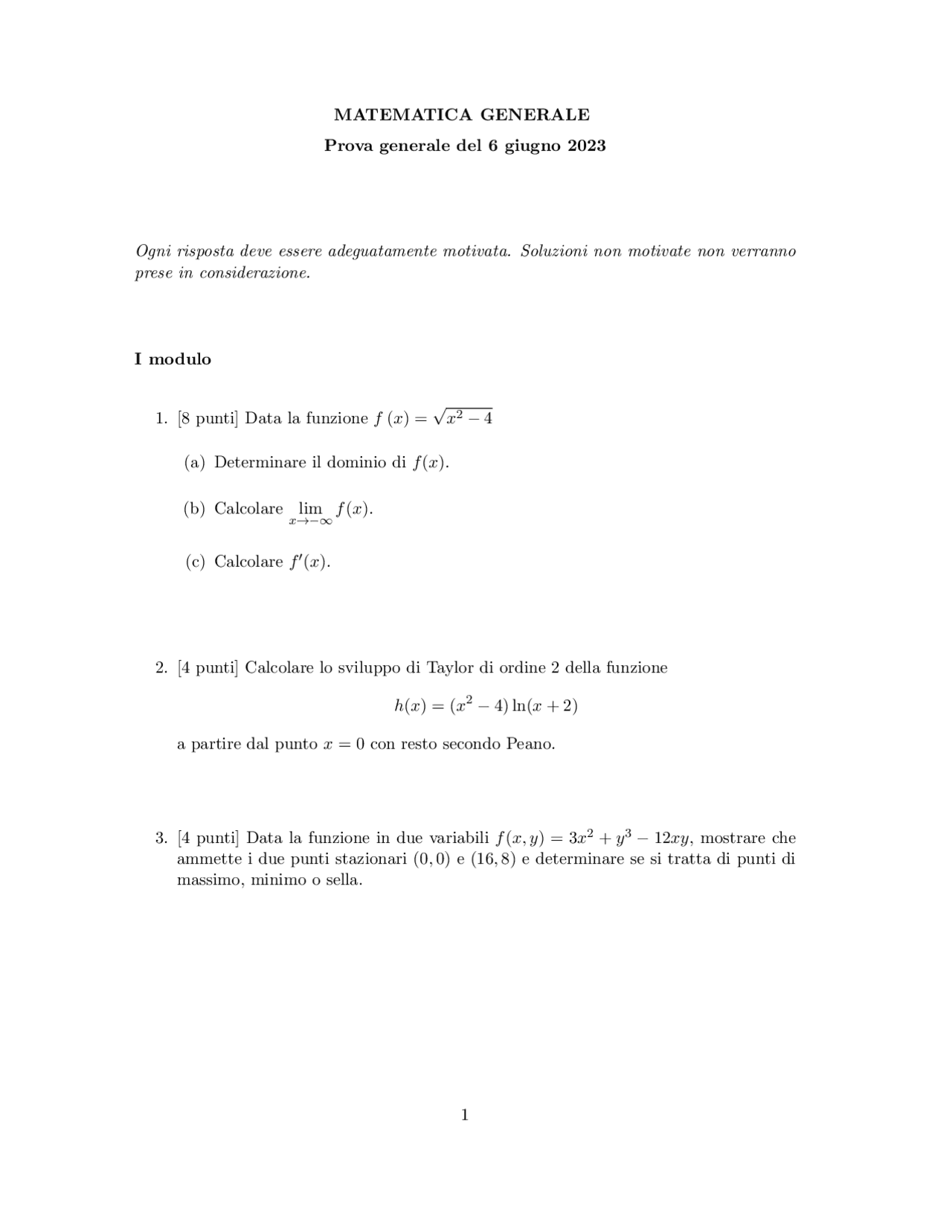 Matematica Generale: Prova Generale del 6 Giugno 2023 - Prof. De Donno | Prove d'esame di ...