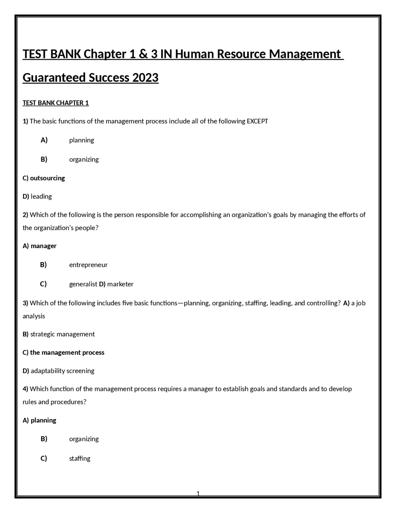 TEST BANK Chapter 1 & 3 IN Human Resource Management Guaranteed Success ...