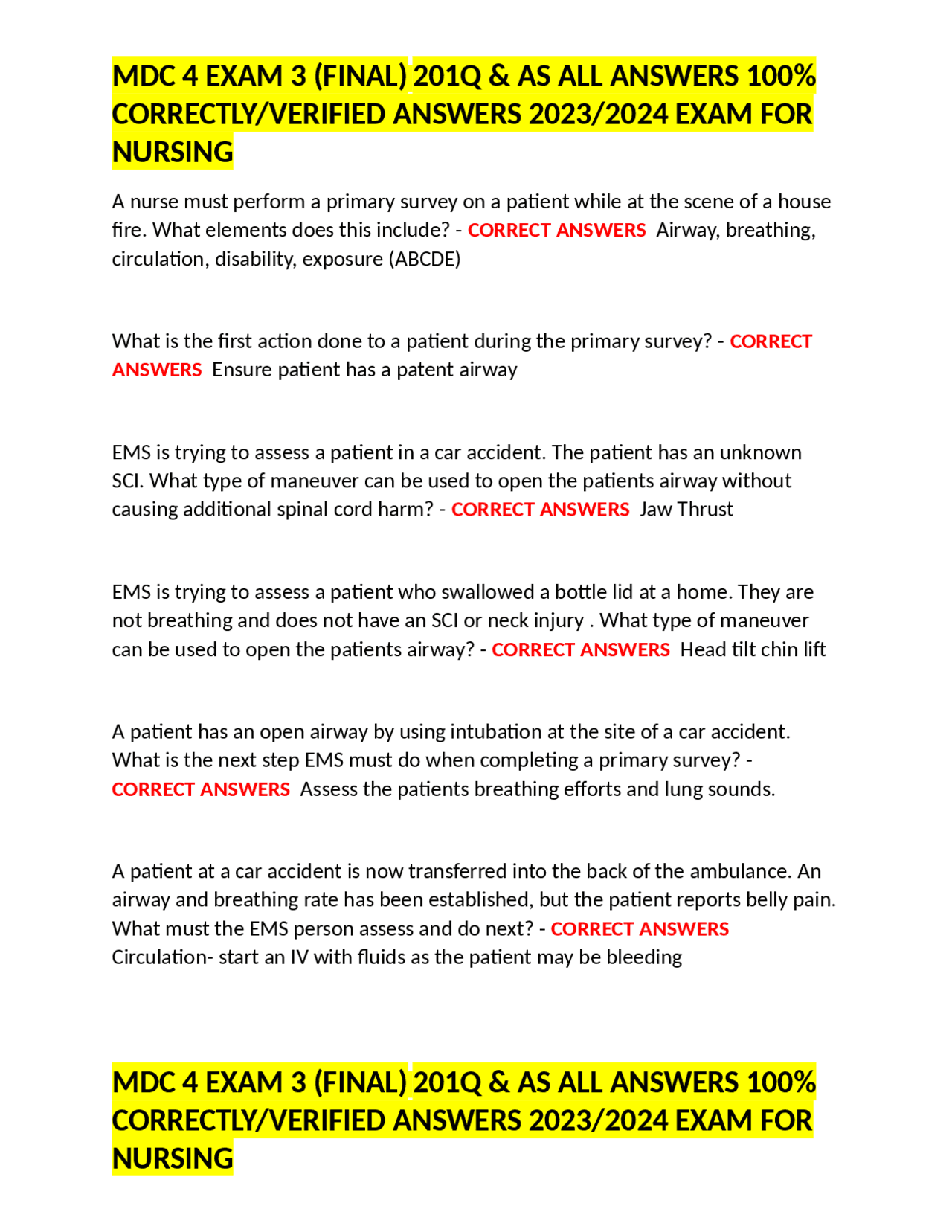 MDC 4 EXAM 3 (FINAL) 201Q & AS ALL ANSWERS 100% CORRECTLY/VERIFIED ...