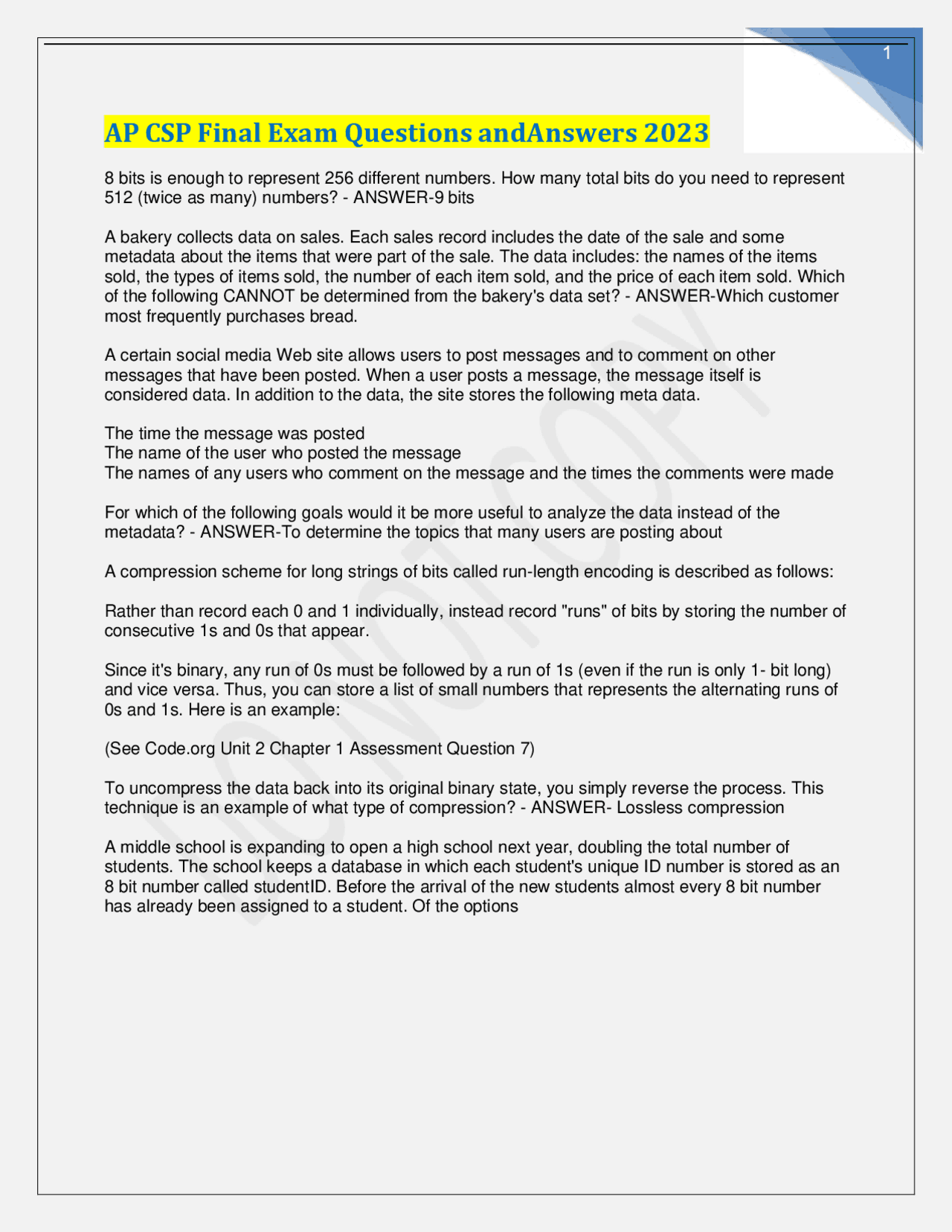 Ap Csp Final Exam Questions And Answers 2023 Exams Computer Science Docsity