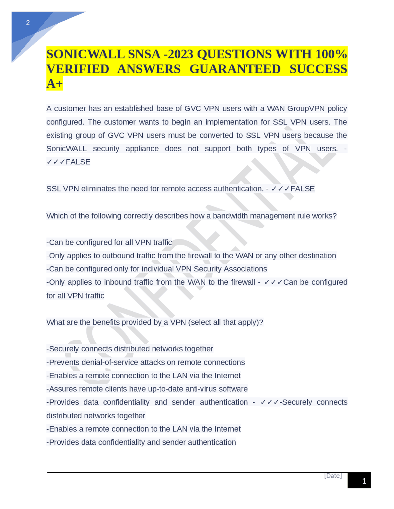 SONICWALL SNSA -2023 QUESTIONS WITH 100% VERIFIED ANSWERS GUARANTEED ...