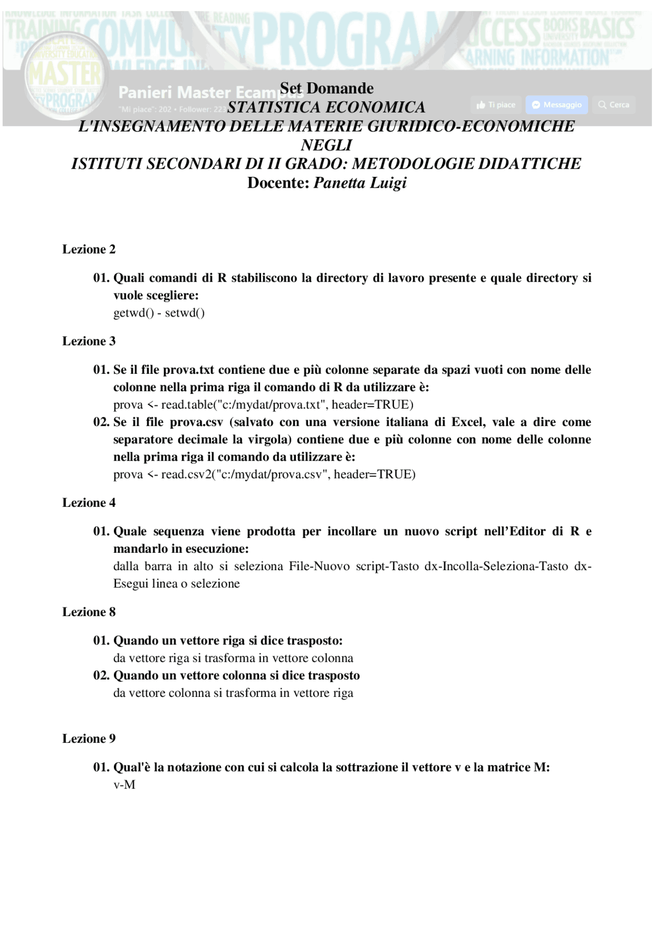 PANIERE MASTER A46 - STATISTICA ECONOMICA - PROF. PANETTA | Panieri di Statistica Economica ...