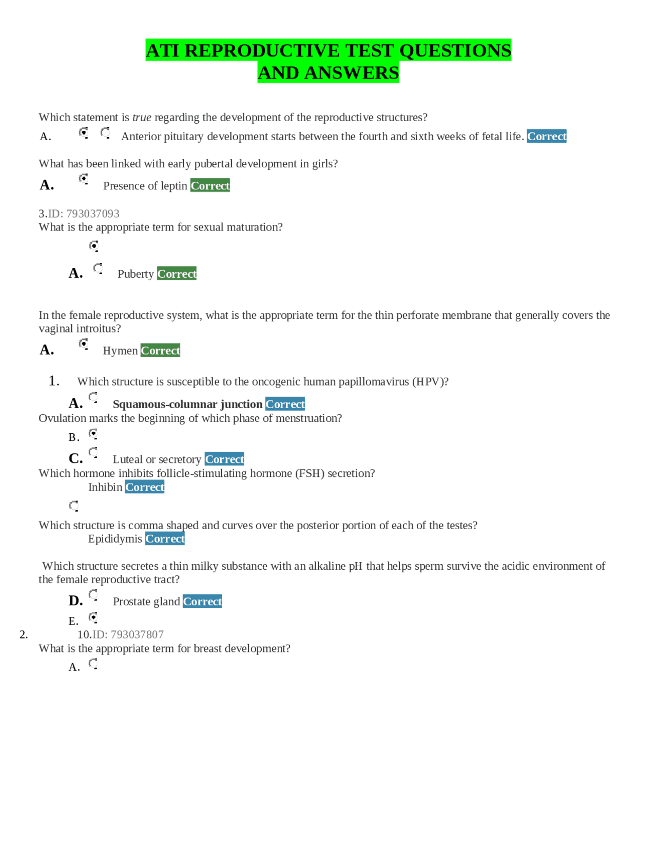ATI REPRODUCTIVE TEST QUESTIONS AND ANSWERS | Exams Nursing | Docsity