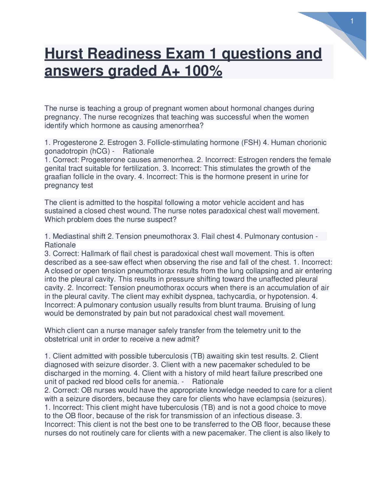 Hurst Readiness Exam 1 questions and answers graded A+ 100% | Exams ...