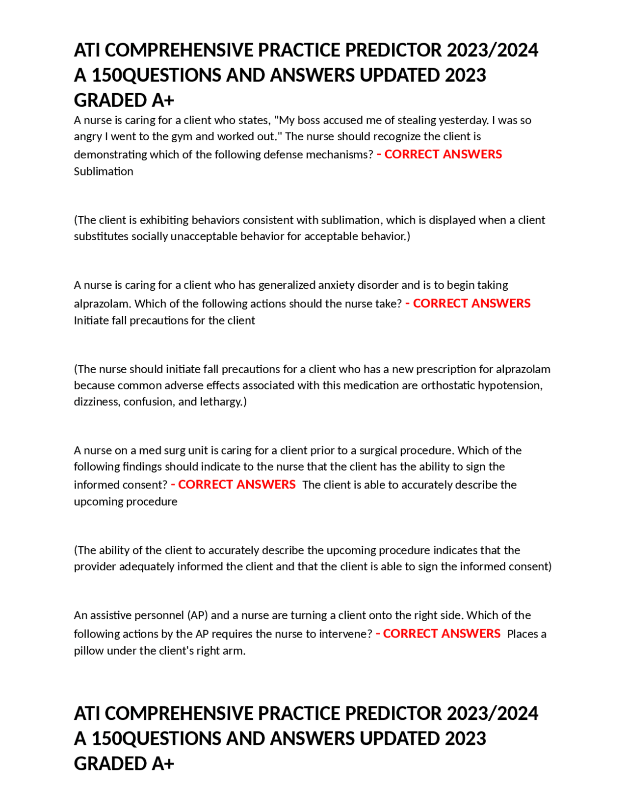 ATI COMPREHENSIVE PRACTICE PREDICTOR 2023/2024 A 150QUESTIONS AND ...