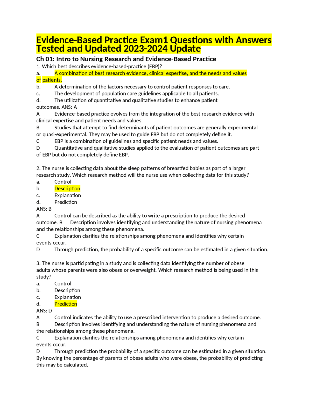 Evidence Based Practice Exam1 Questions With Answers Tested And Updated