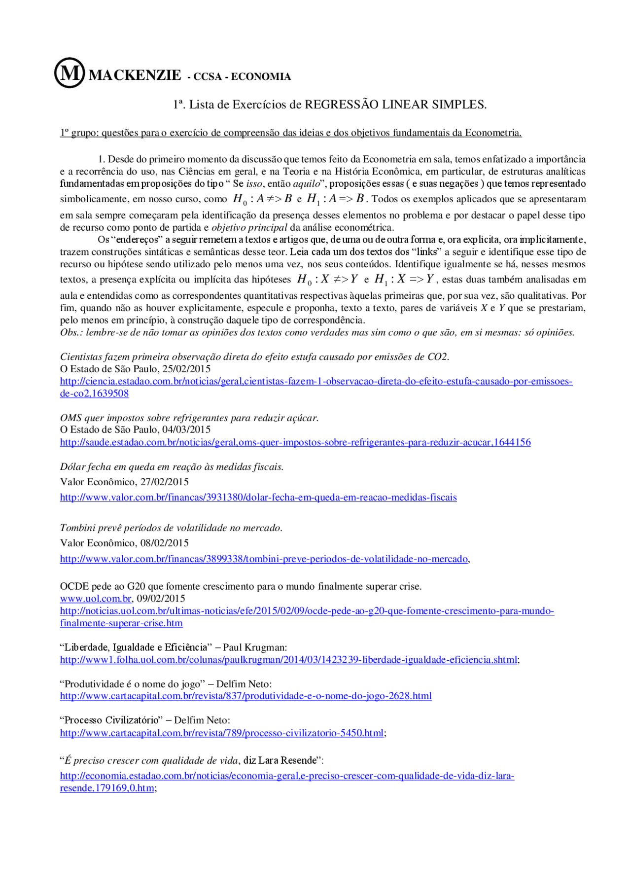 Lista De Exercícios De Regressão Linear Simples Economia Exercícios Econometria Docsity 