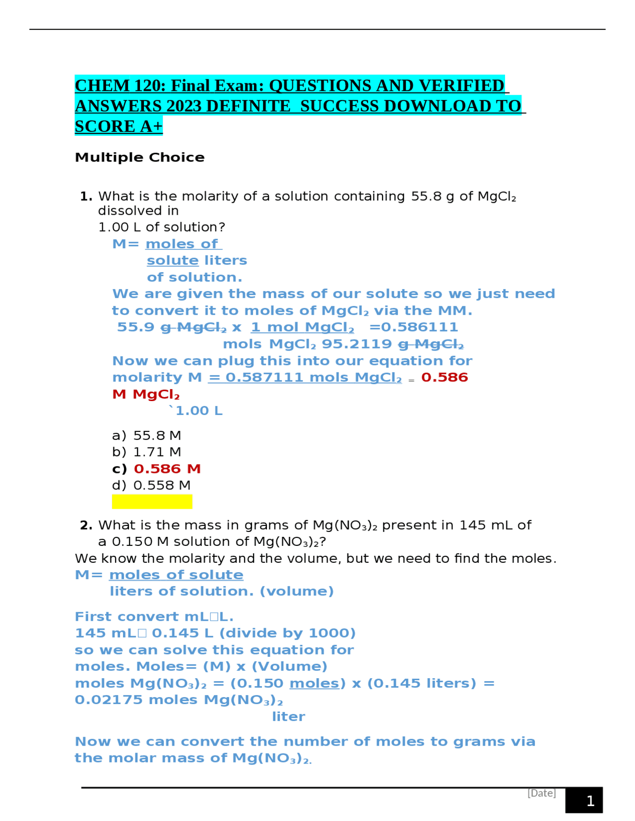 CHEM 120: Final Exam: QUESTIONS AND VERIFIED ANSWERS 2023 DEFINITE ...