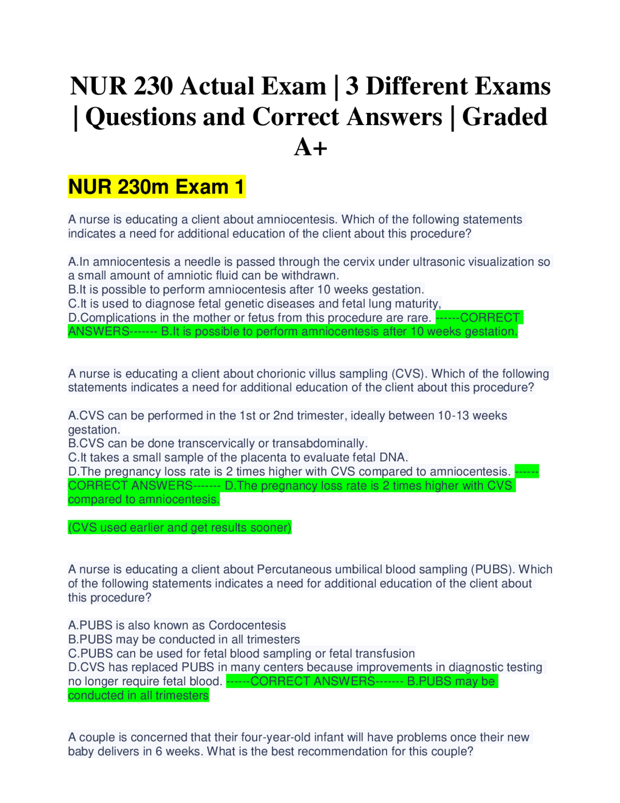 NUR 230 Actual Exam | 3 Different Exams | Questions and Correct Answers ...