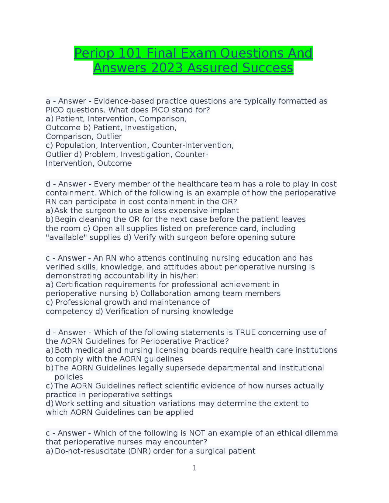 Periop 101 Final Exam Questions And Answers 2023 Assured Success Exams Nursing Docsity