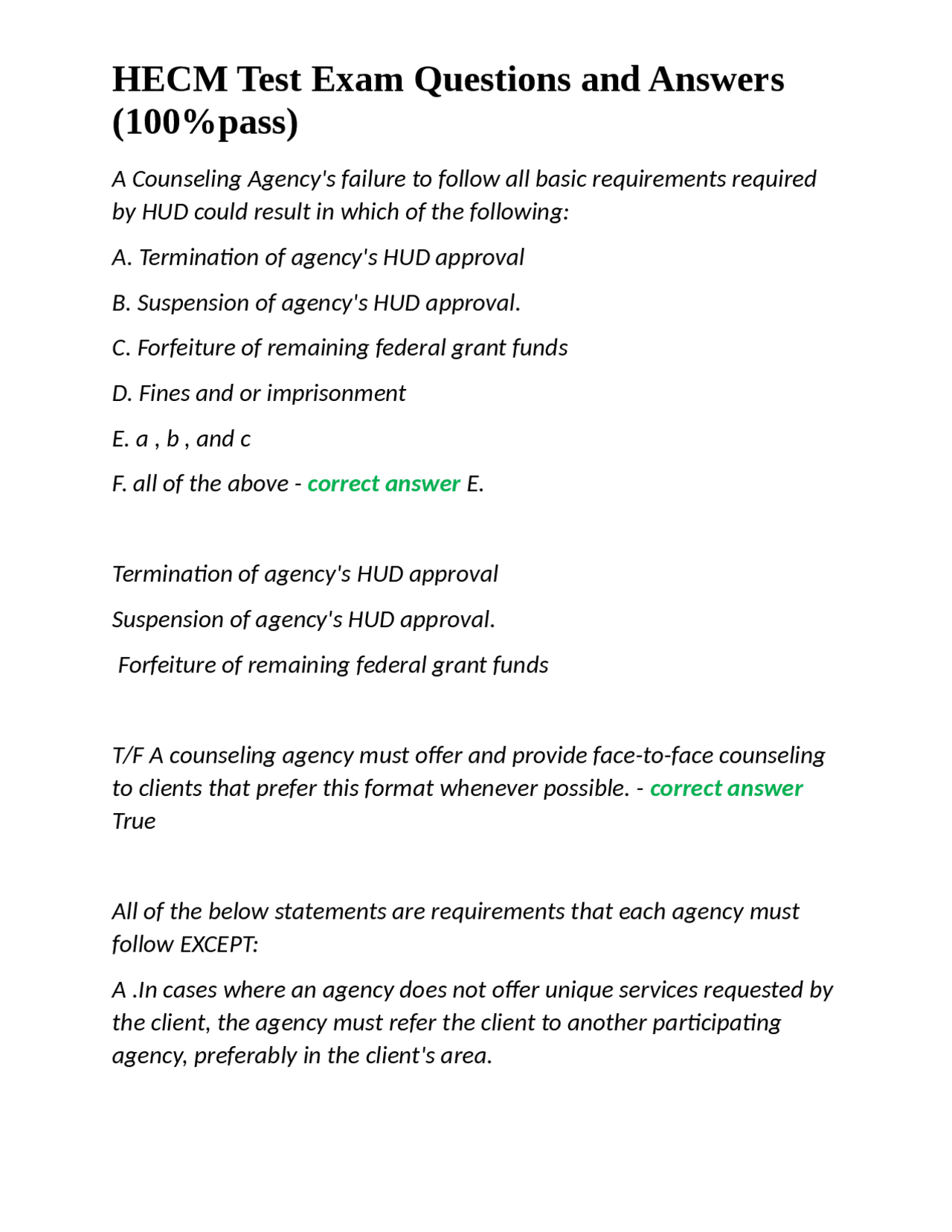 HECM Test Exam Questions and Answers (100%pass) | Exams Nursing | Docsity