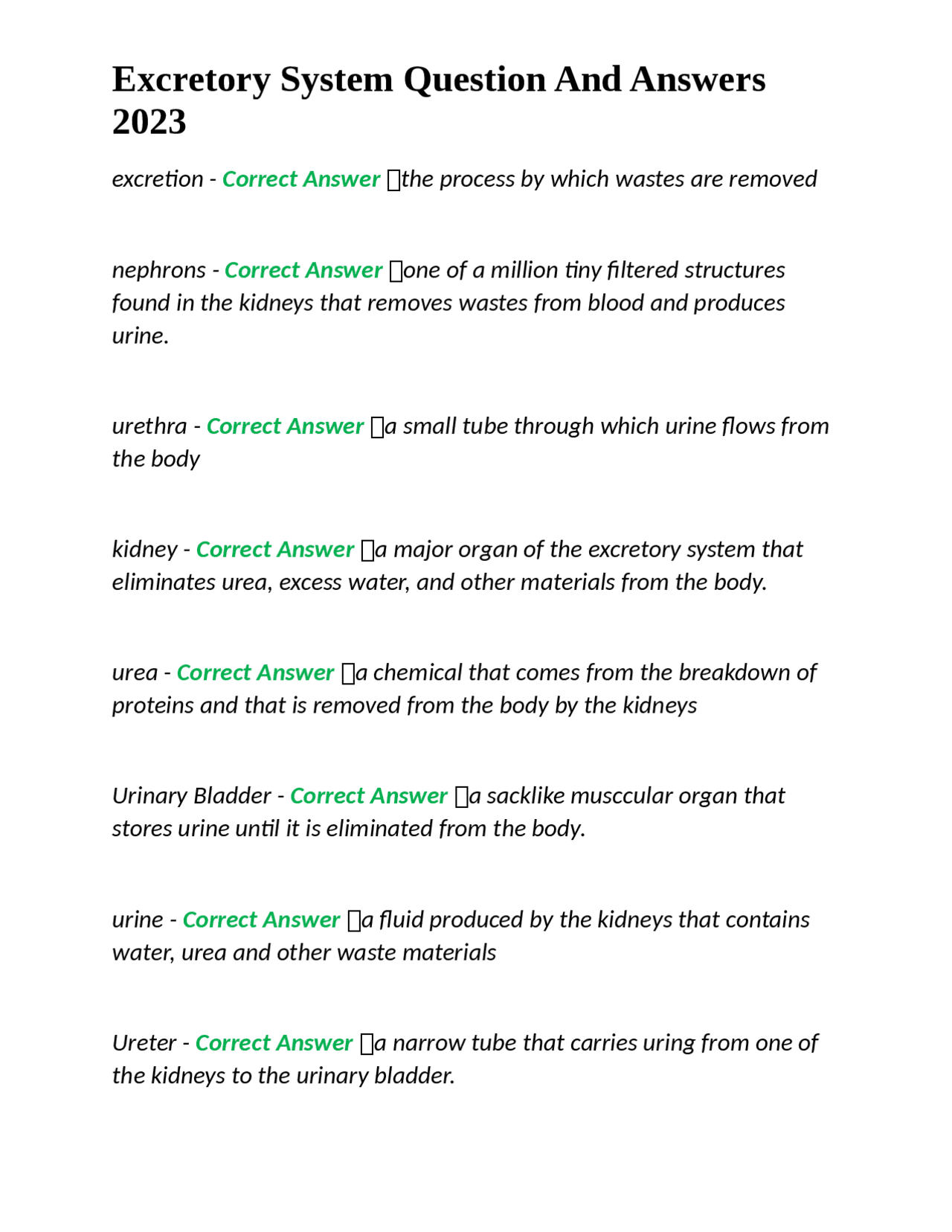 Excretory System Question And Answers 2023 | Exams Nursing | Docsity