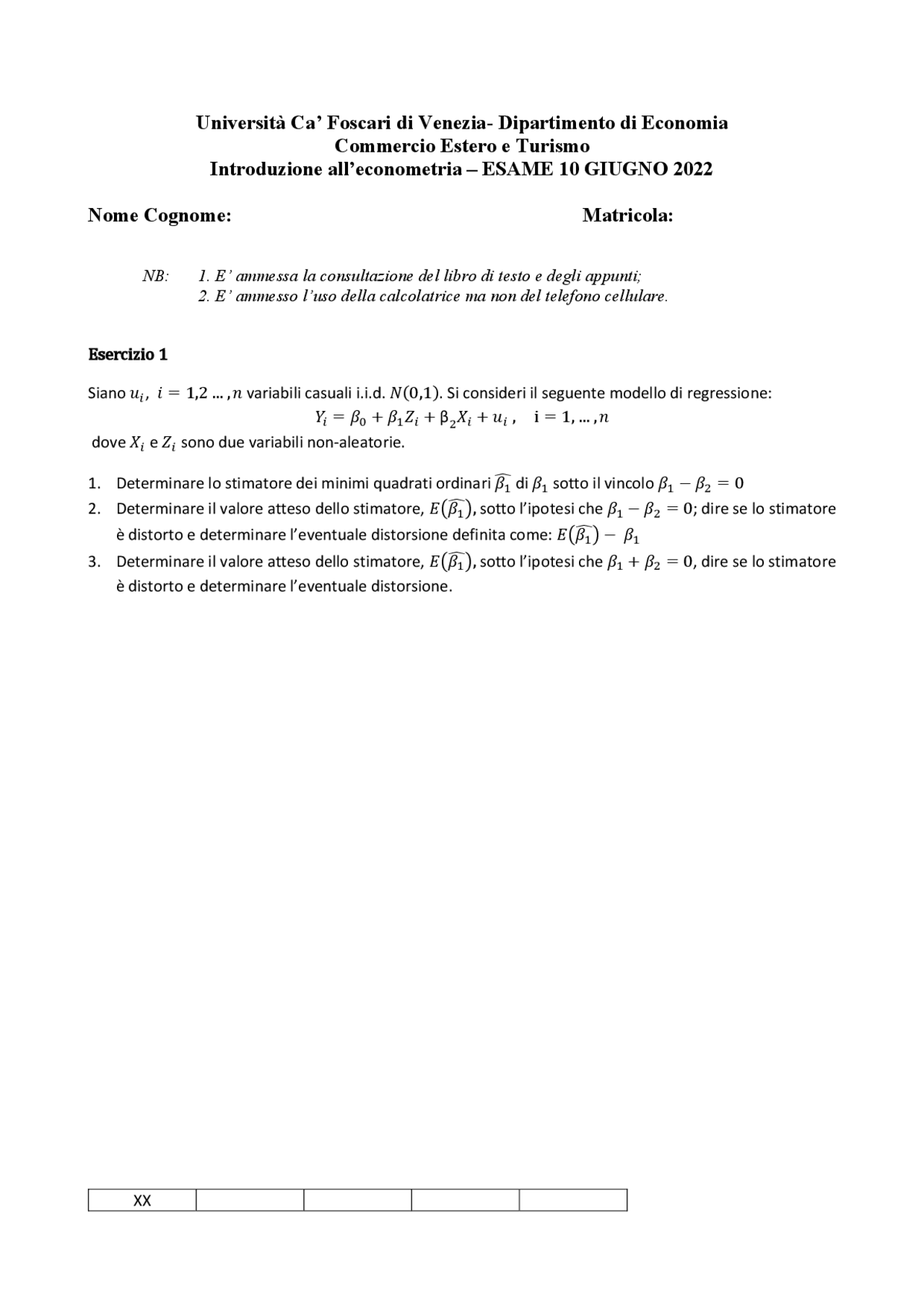 TESTO D'ESAME DEL 2022 IN PDF | Prove d'esame di Econometria | Docsity