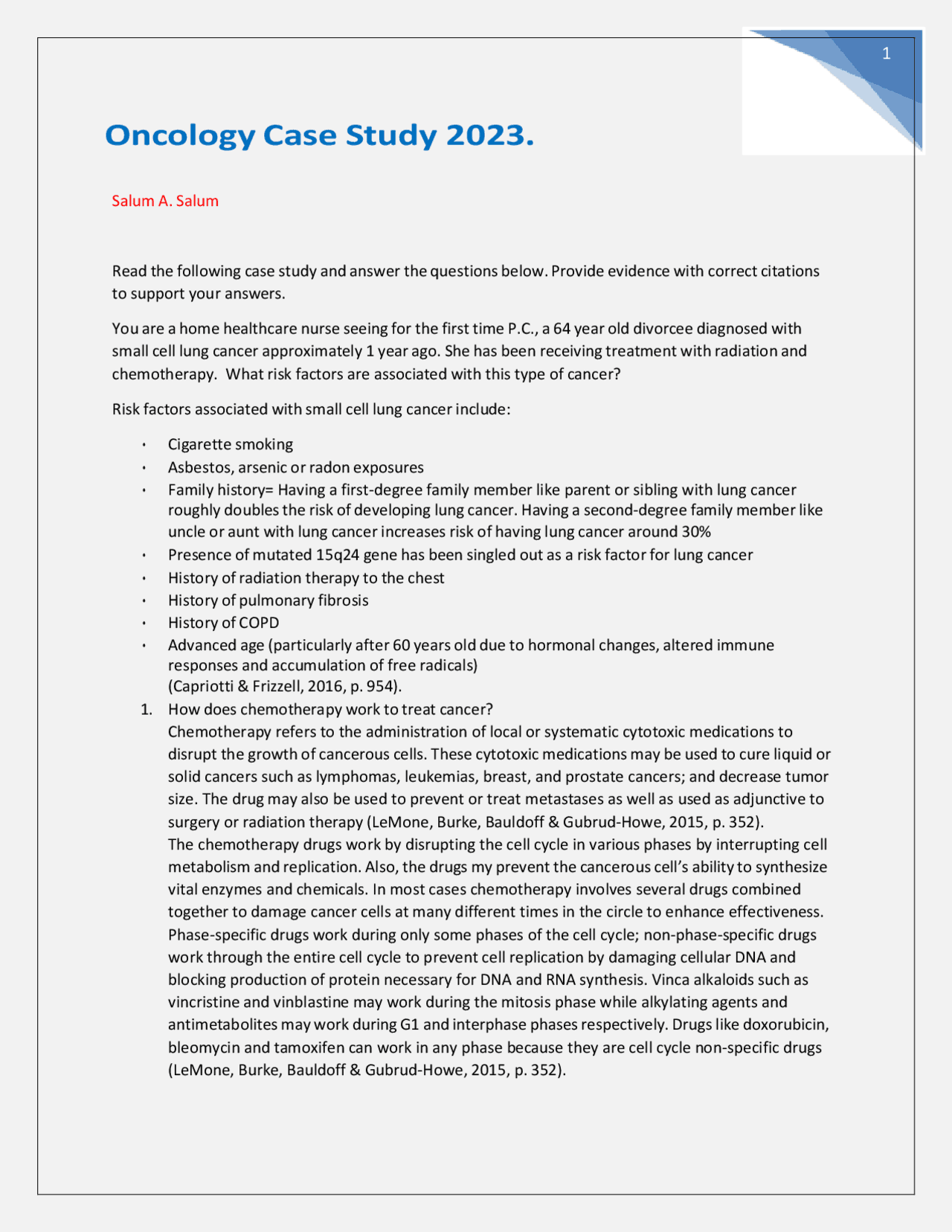 Oncology Case Study 2023 | Exams Nursing | Docsity