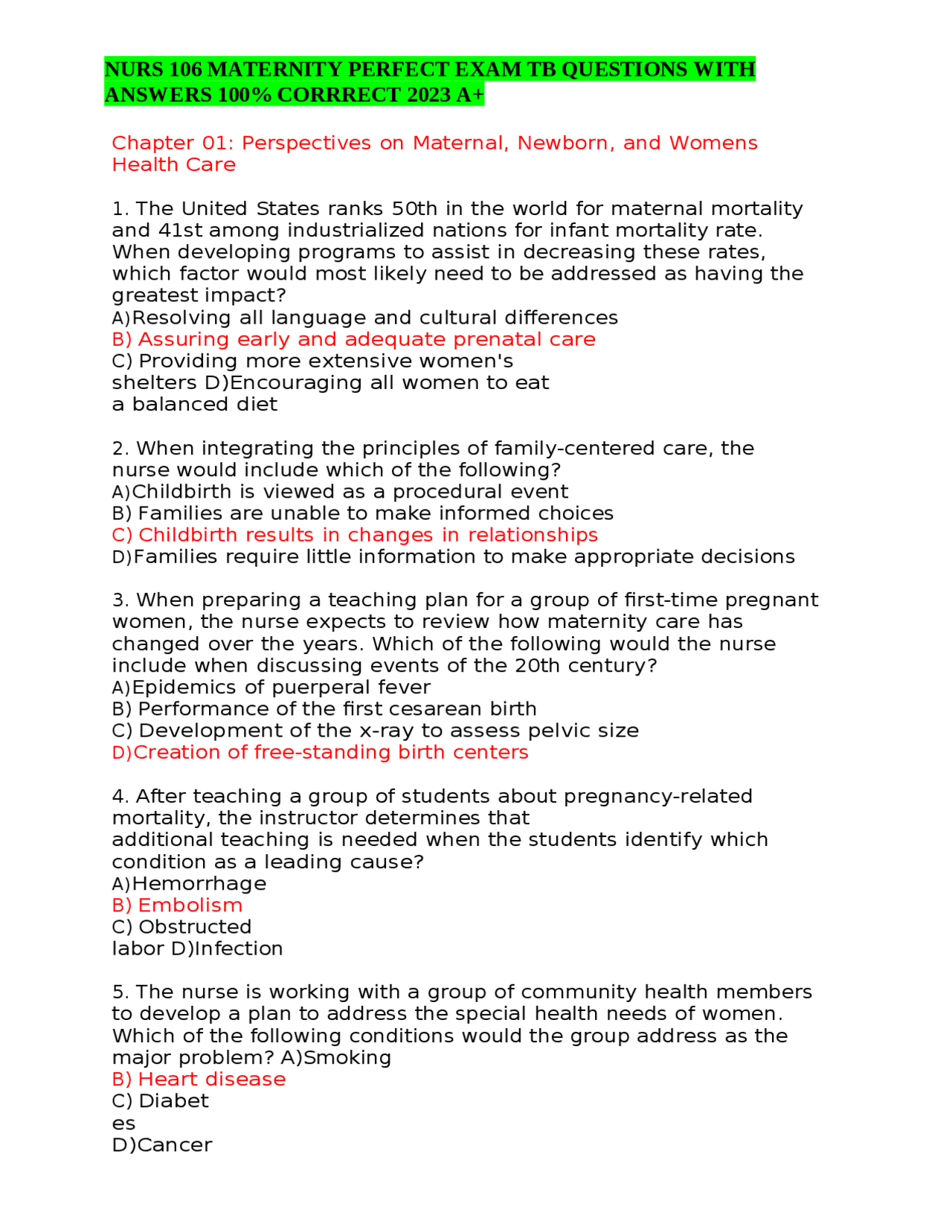 Nurs 106 Maternity Perfect Exam Tb Questions With Answers 100 Corrrect
