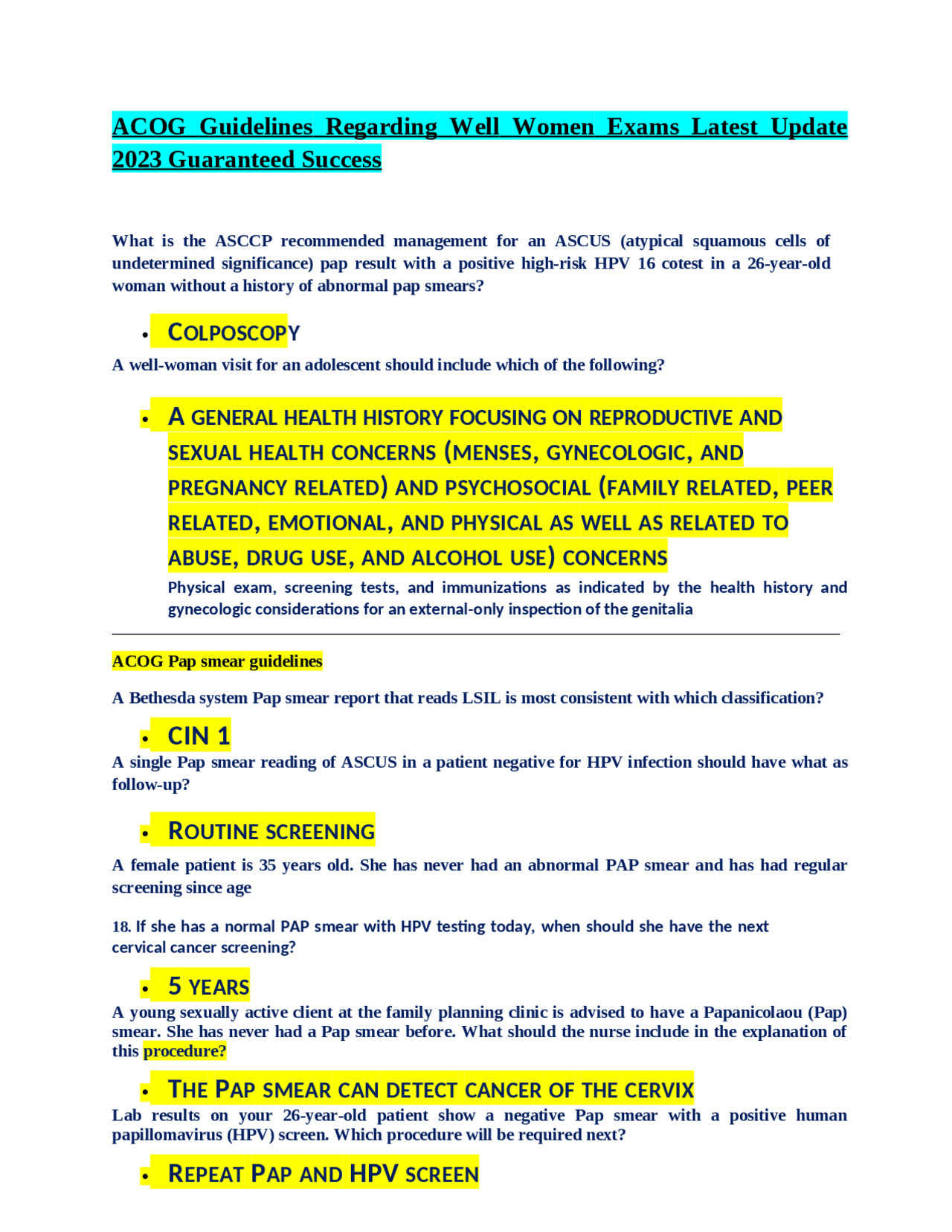 ACOG Guidelines Regarding Well Women Exams | Exams Nursing | Docsity