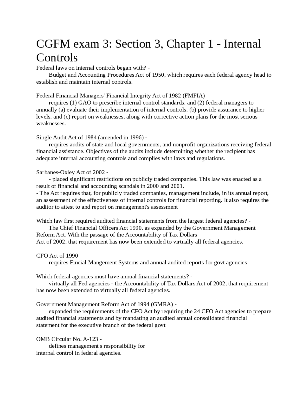 Federal Laws on Internal Controls | Exams Financial Accounting | Docsity