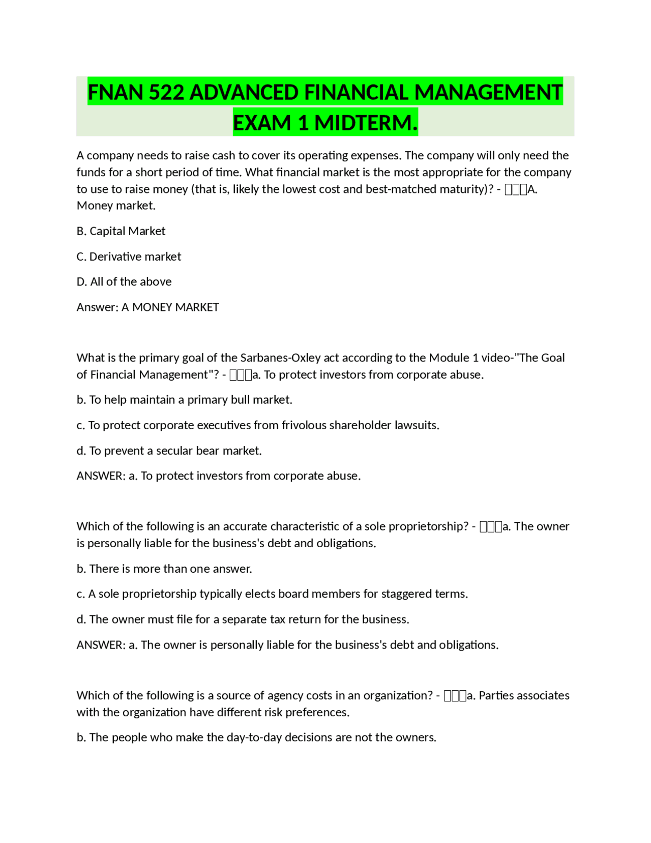 Fnan 522 Advanced Financial Management Exam 1 Midterm Exams