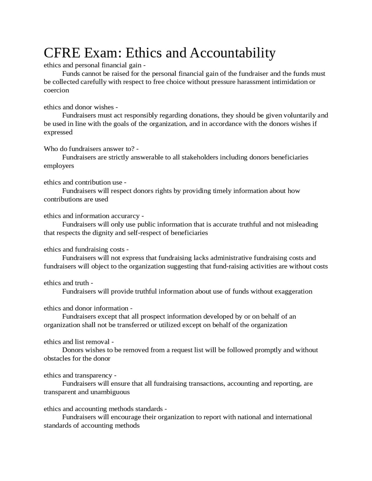 CFRE Exam: Ethics and Accountability | Exams Business Economics | Docsity