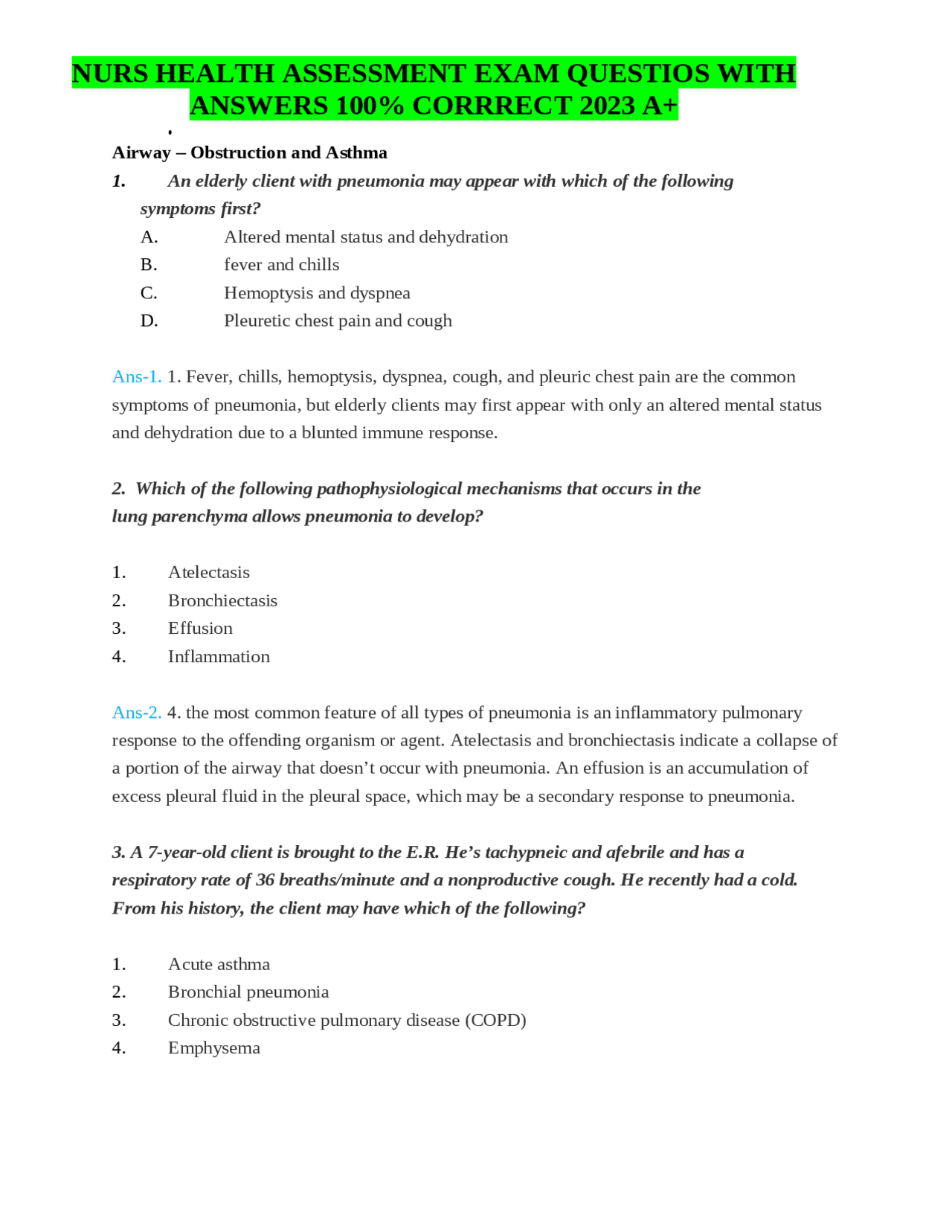 Nurs Health Assessment Exam Questios With Answers 100 Corrrect 2023 A