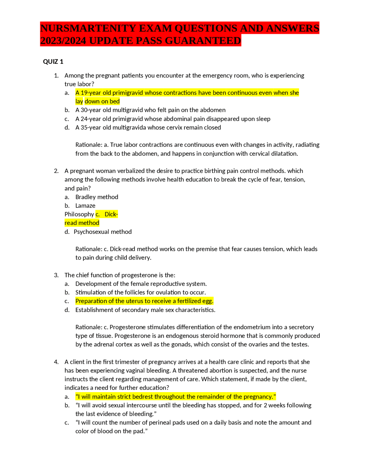 Nursmartenity Exam Questions And Answers 20232024 Update Pass