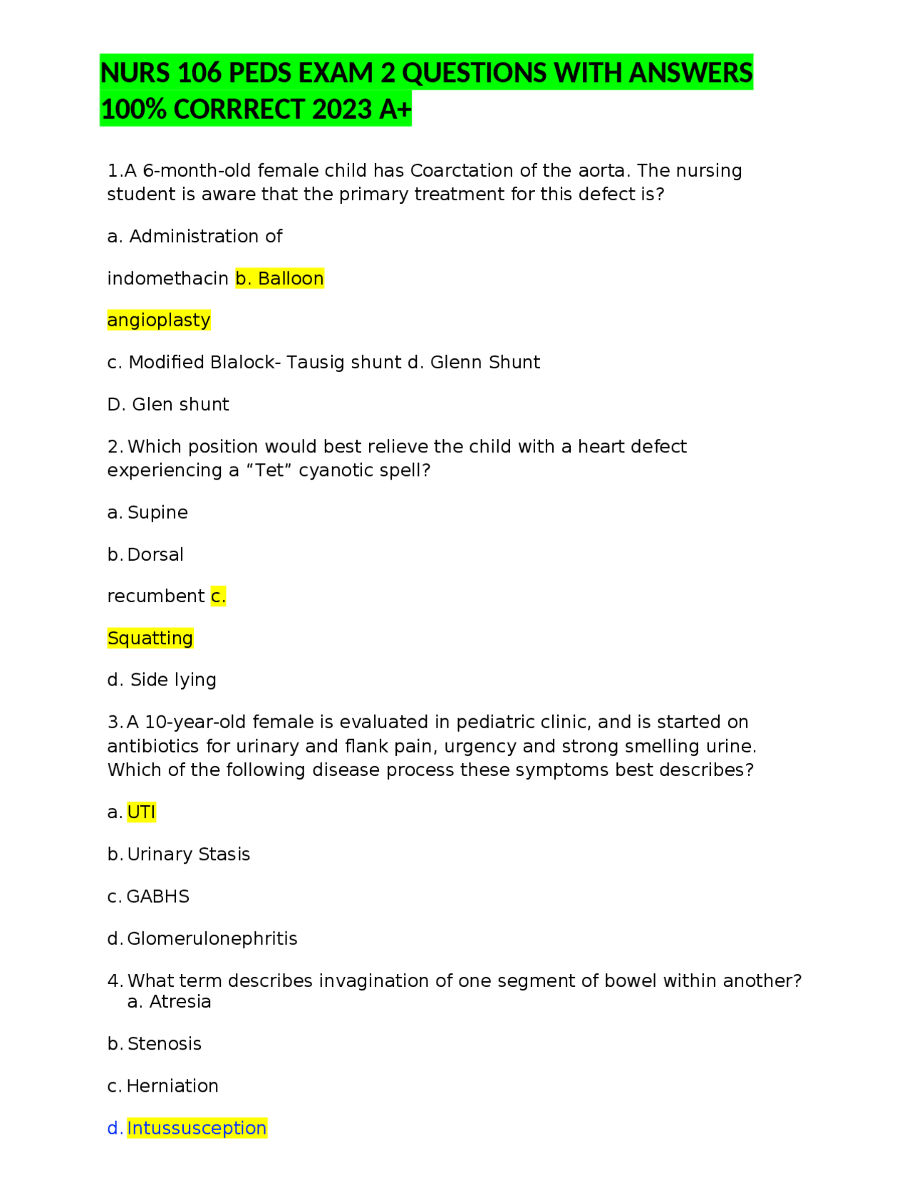 Nurs 106 Peds Exam 2 Questions With Answers 100 Corrrect 2023 A