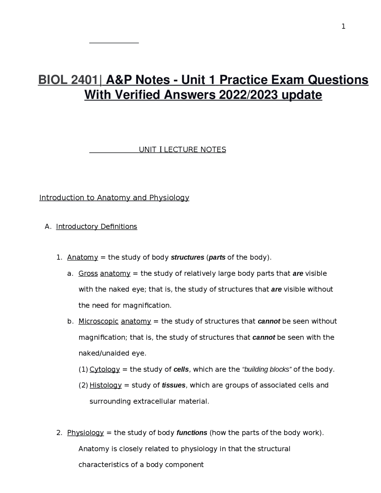 Biol 2401 Aandp Notes Unit 1 Practice Exam Questions With Verified