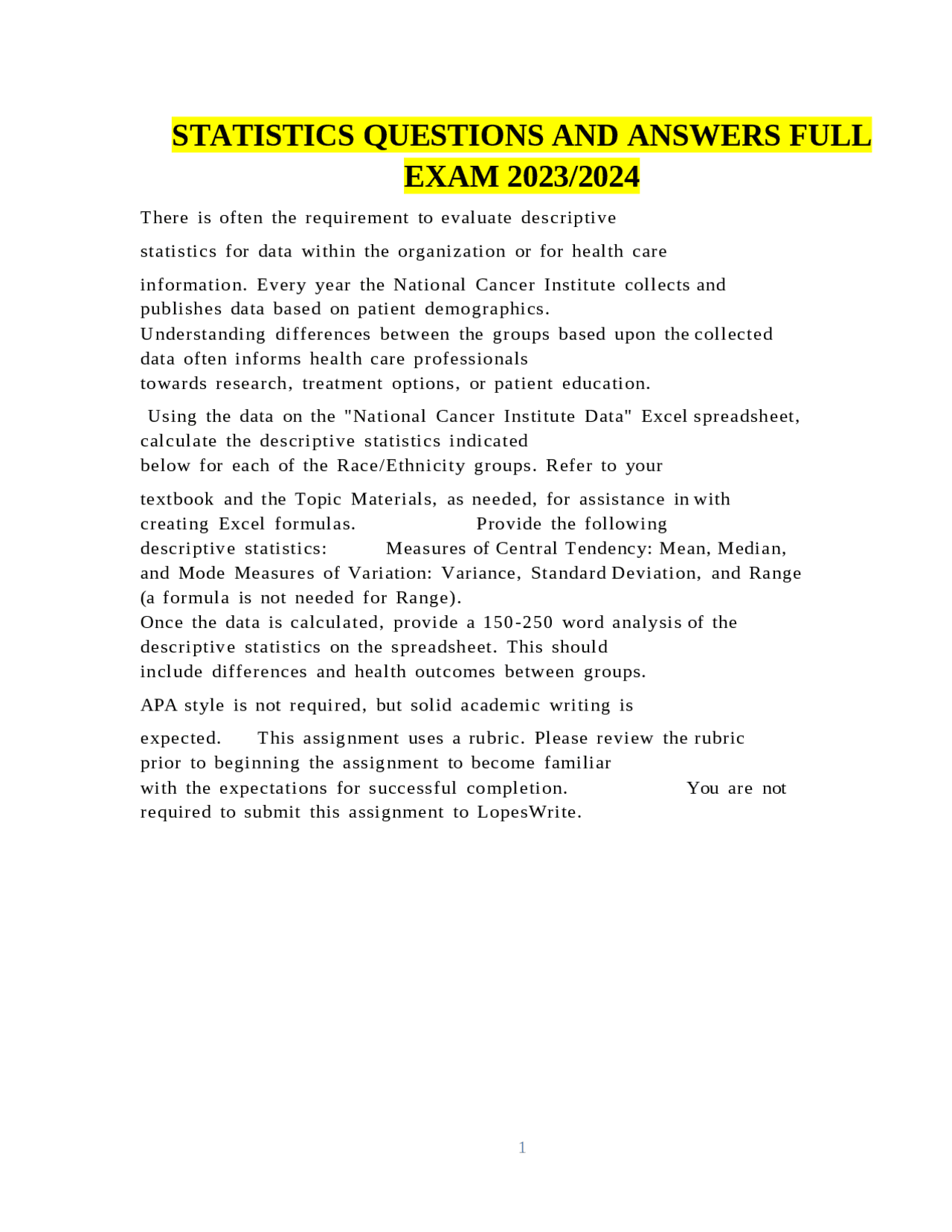 Statistics Questions And Answers Full Exam 20232024 Exams Health